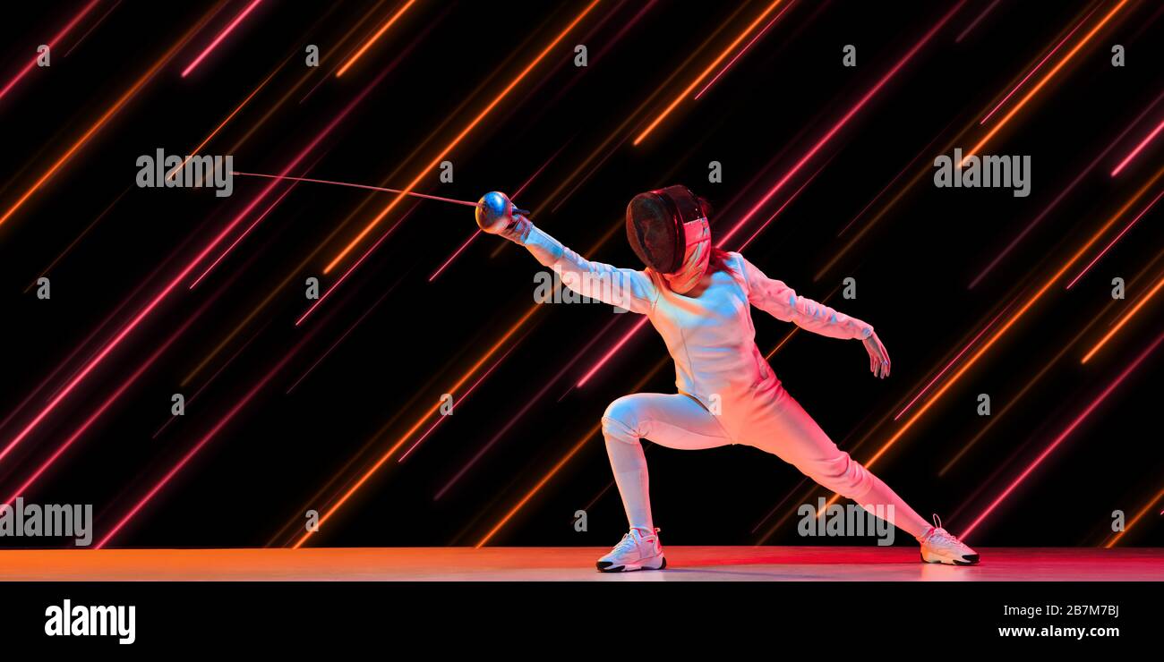 Creative sport and neon lines on dark background, flyer, proposal ...