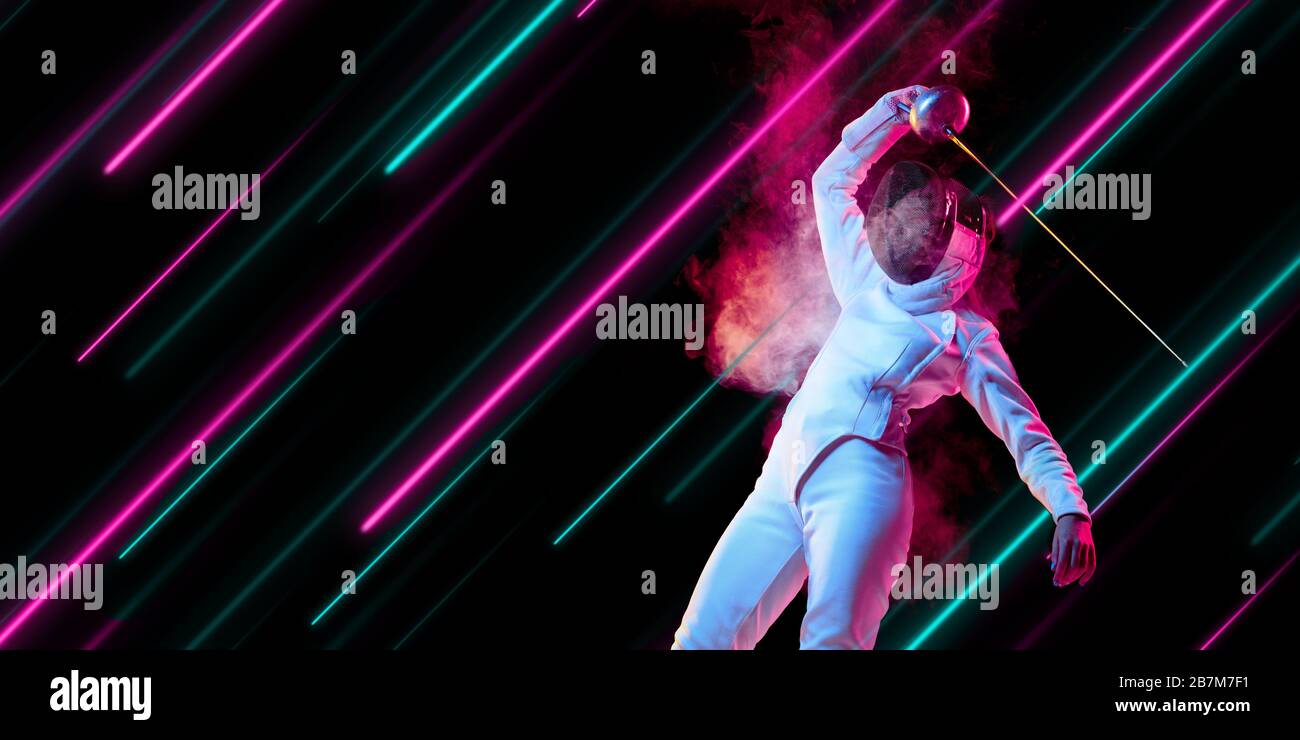 Creative sport and neon lines on dark background, flyer, proposal ...