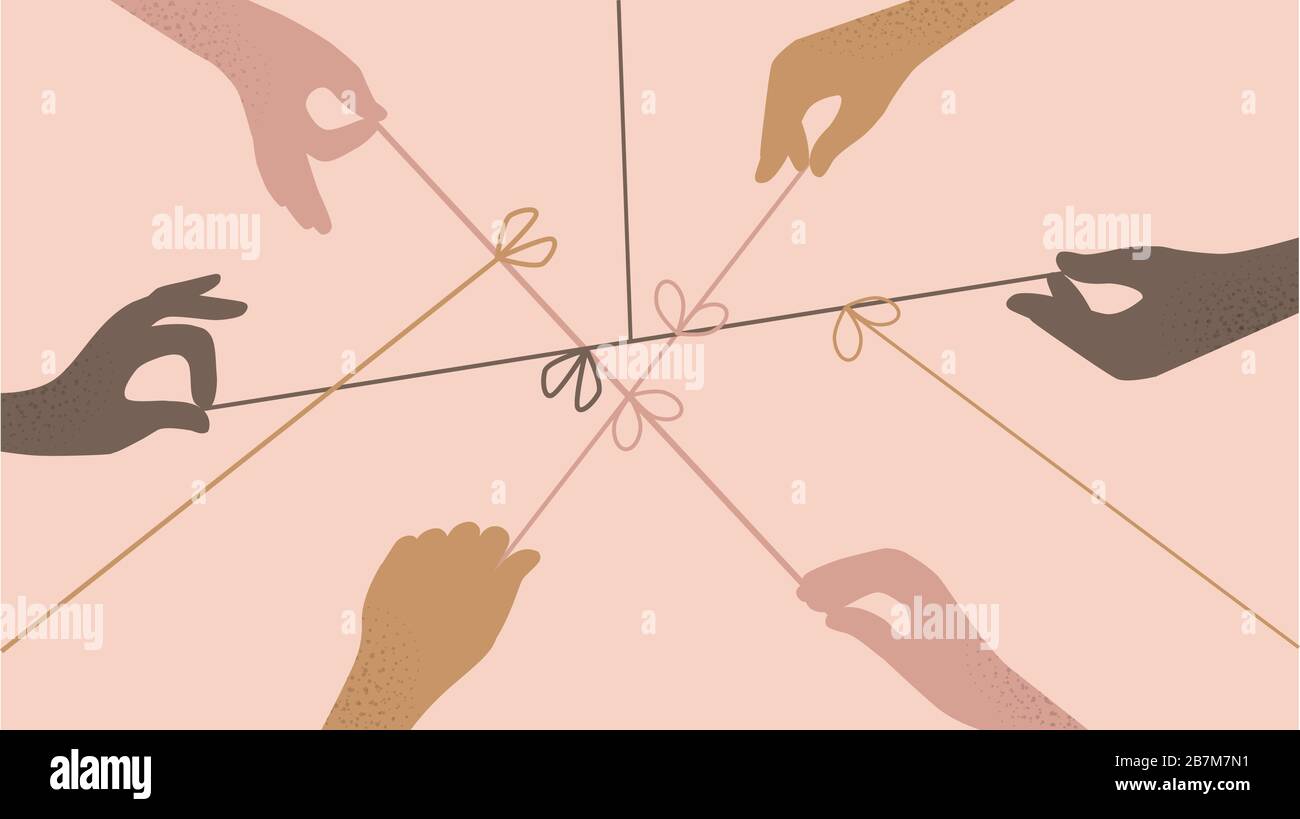 Cartoon human hands pulling on strings trying untie simple knots top ...