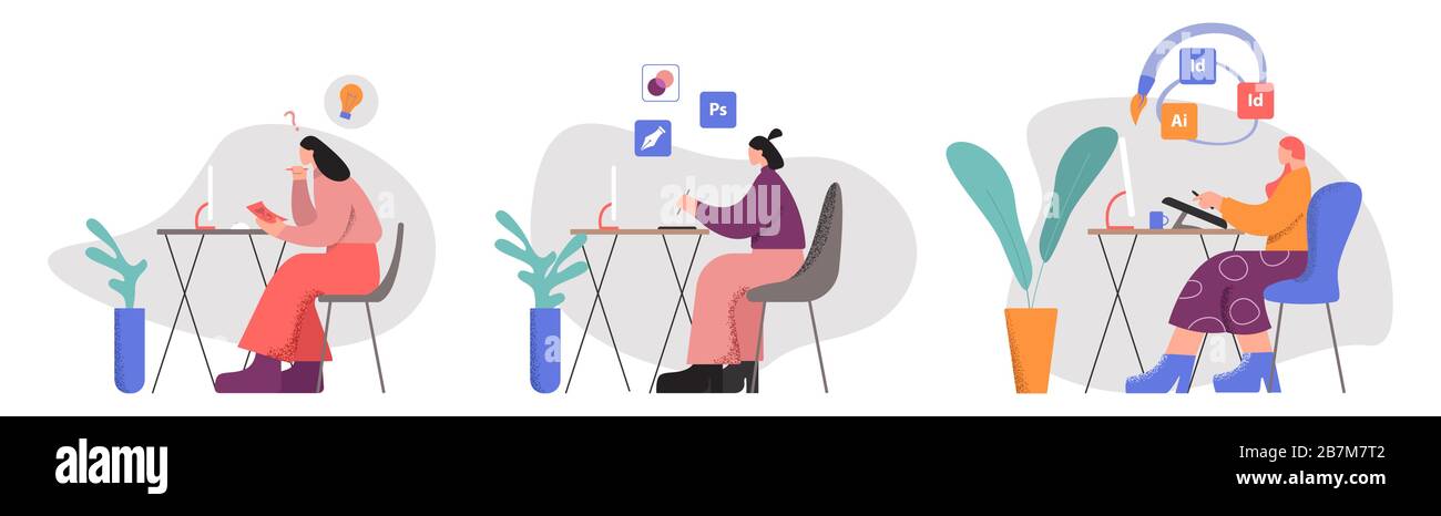 Set female creative designer worker at workplace big limbs style vector ...