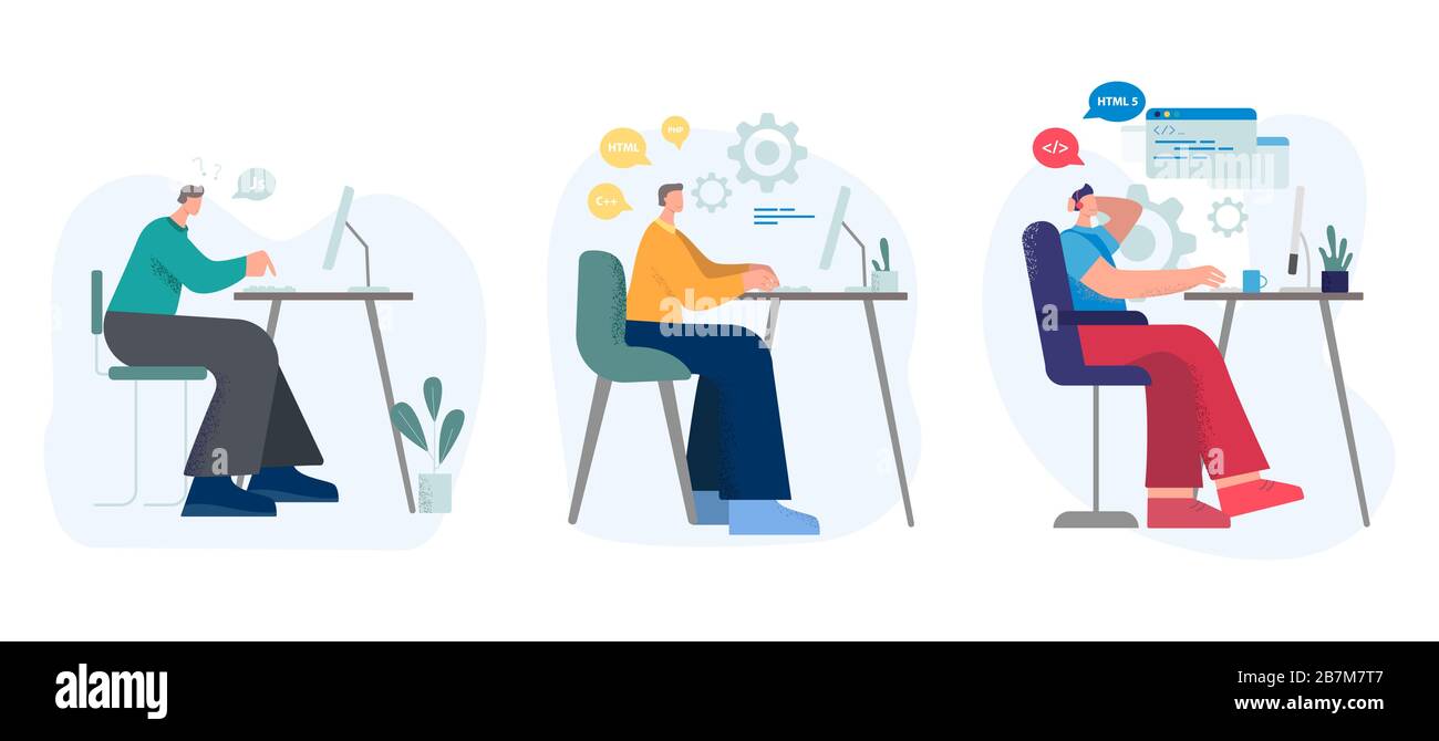 Set of various male cartoon programmer working on computer at workplace ...