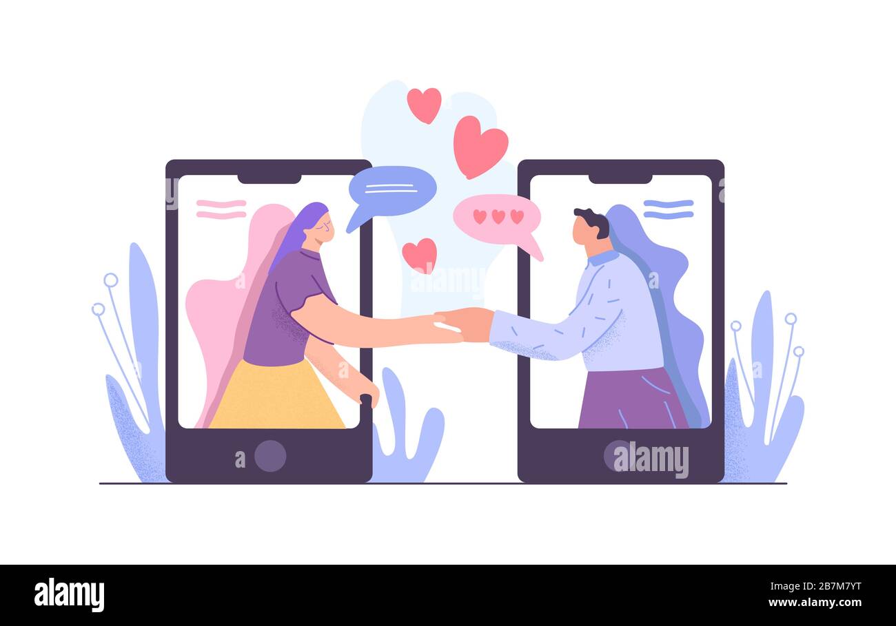 Cartoon man and woman holding hands meeting at dating app vector flat ...