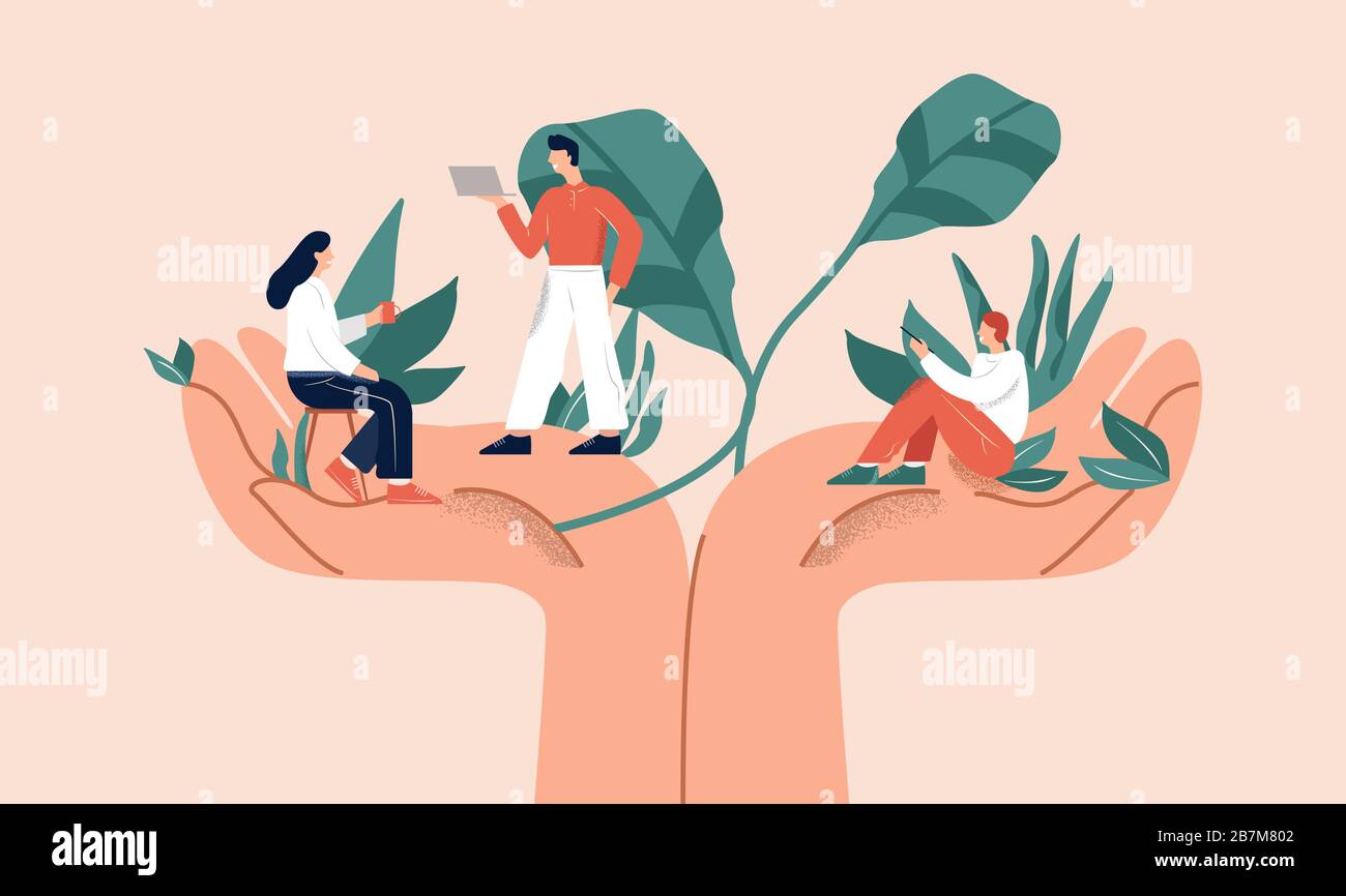 Huge hands holding tiny people office workers vector flat illustration ...