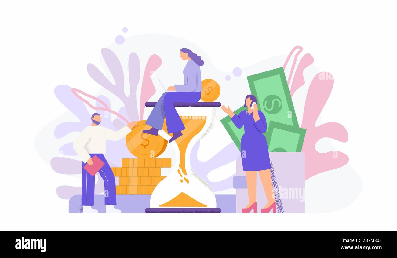 Cartoon tiny people work together with hourglass vector flat ...