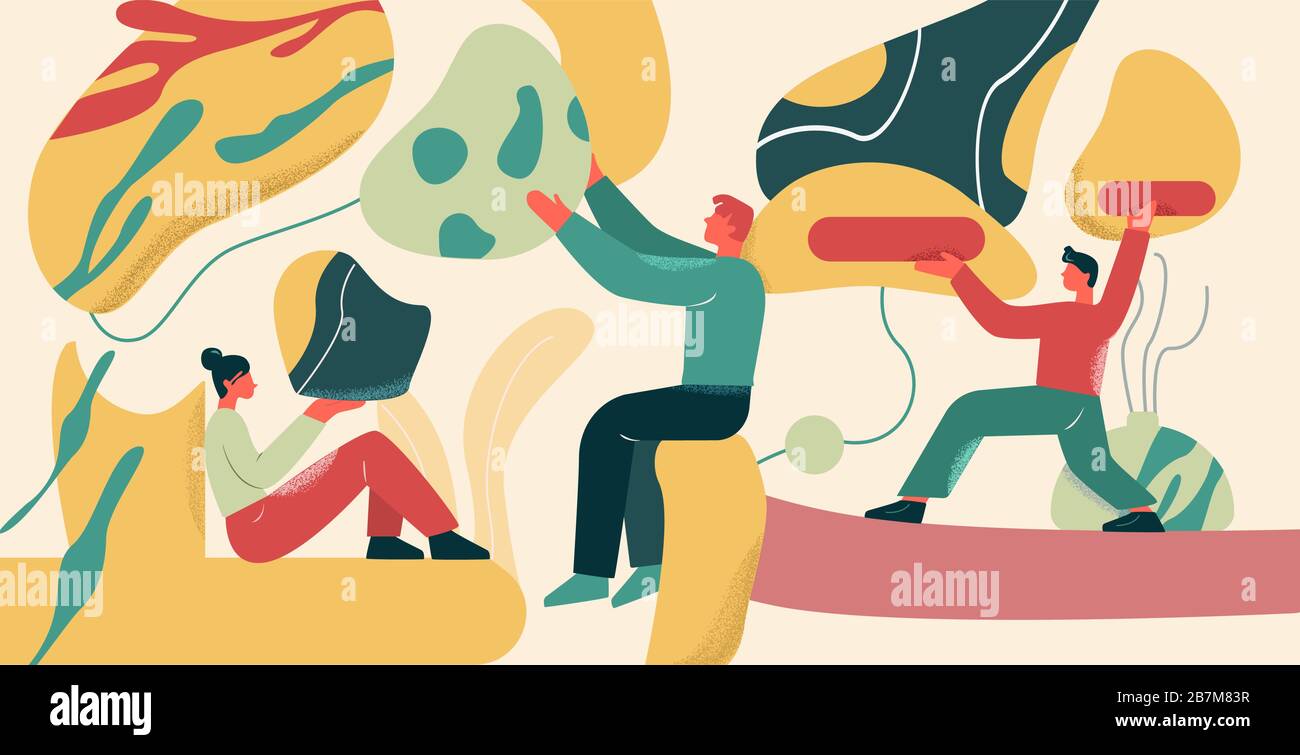 Various cartoon people holding smooth flowing colorful shapes vector ...