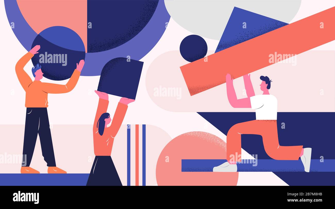 Group of cartoon colorful people holding geometric shapes vector flat ...