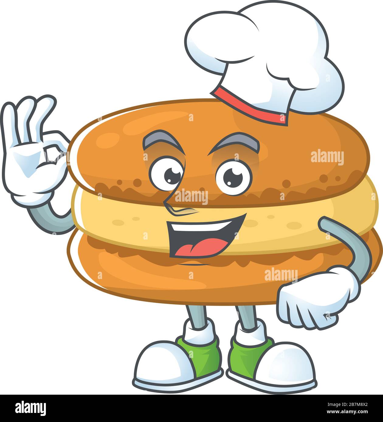 A picture of chocolate macarons cartoon character wearing white chef ...