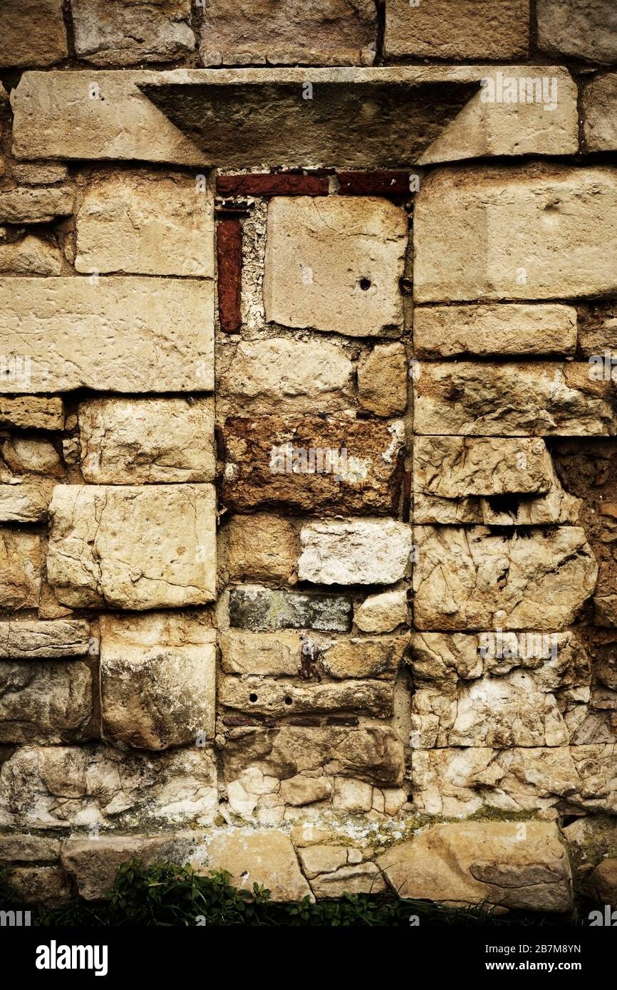 Stone infill to window in the derelict and abandoned Tupholme Abbey ...