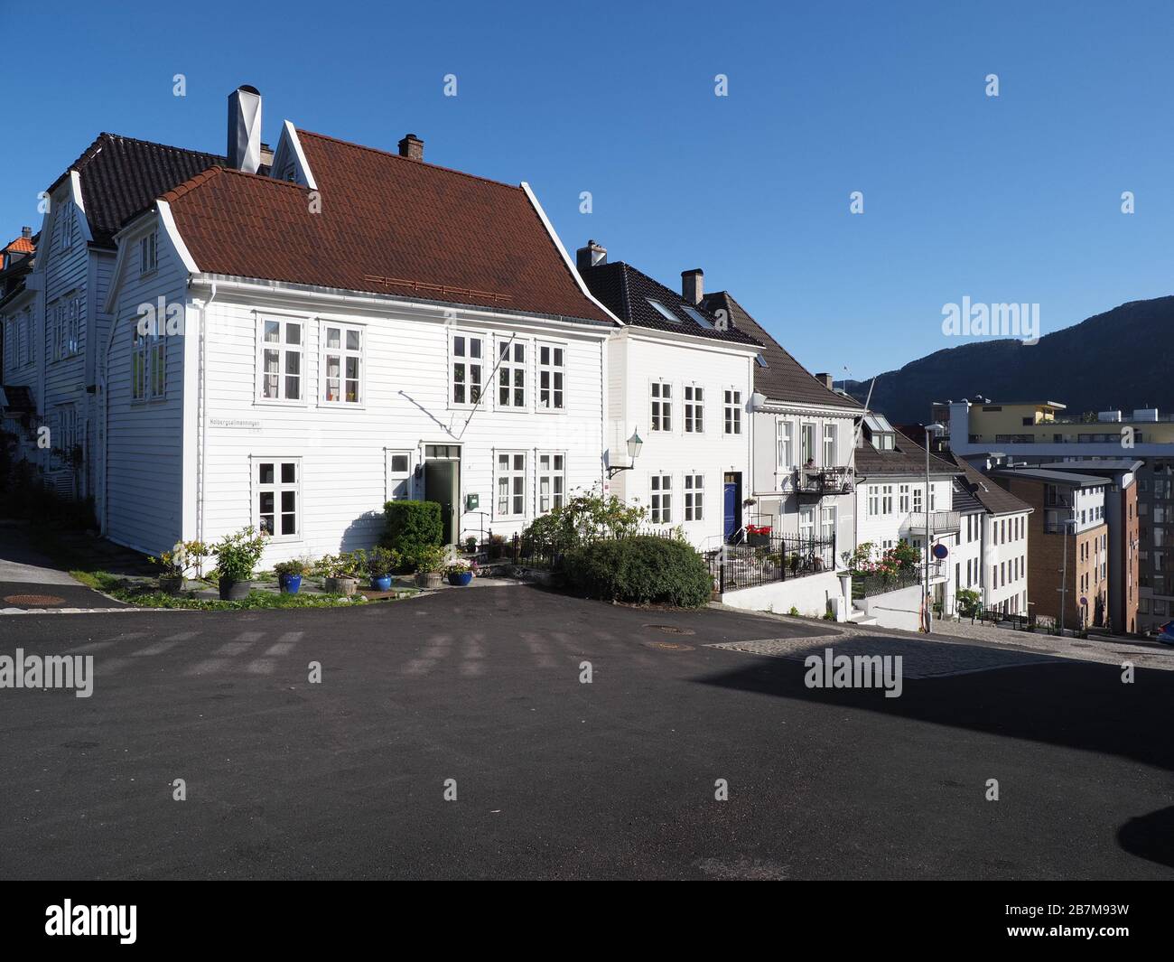 White traditional houses in city center of Bergen town in Norway Stock ...