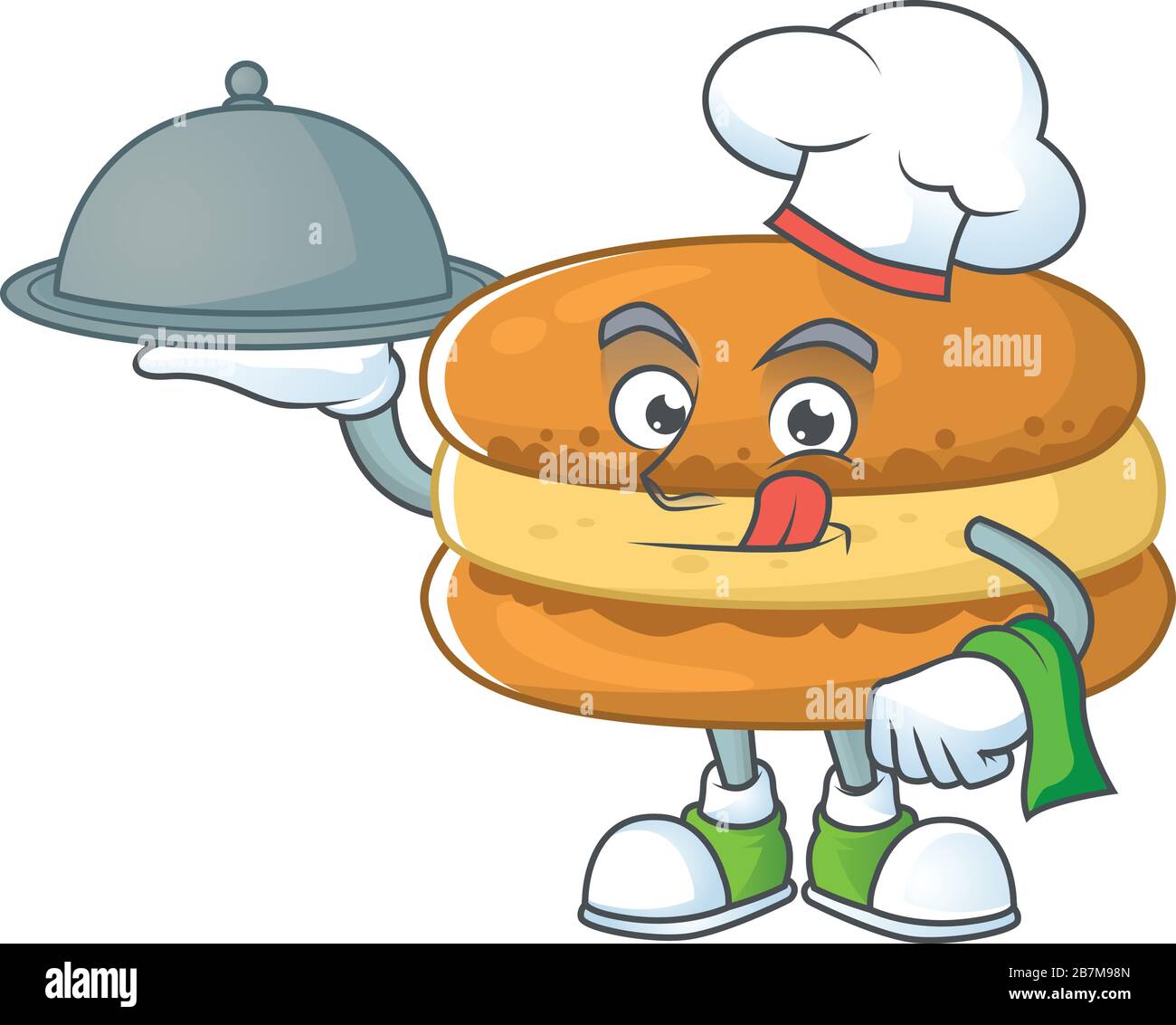 chef cartoon character of chocolate macarons with food on tray Stock ...
