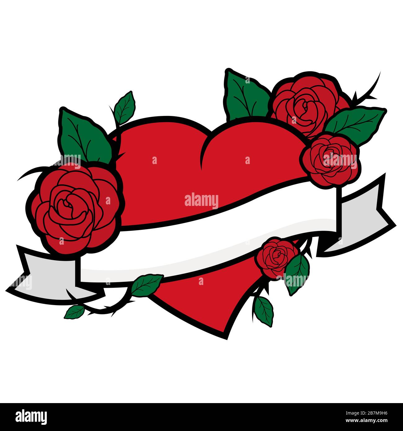 Tattoo style roses and a red heart and ribbon. Heart with rose flowers ...