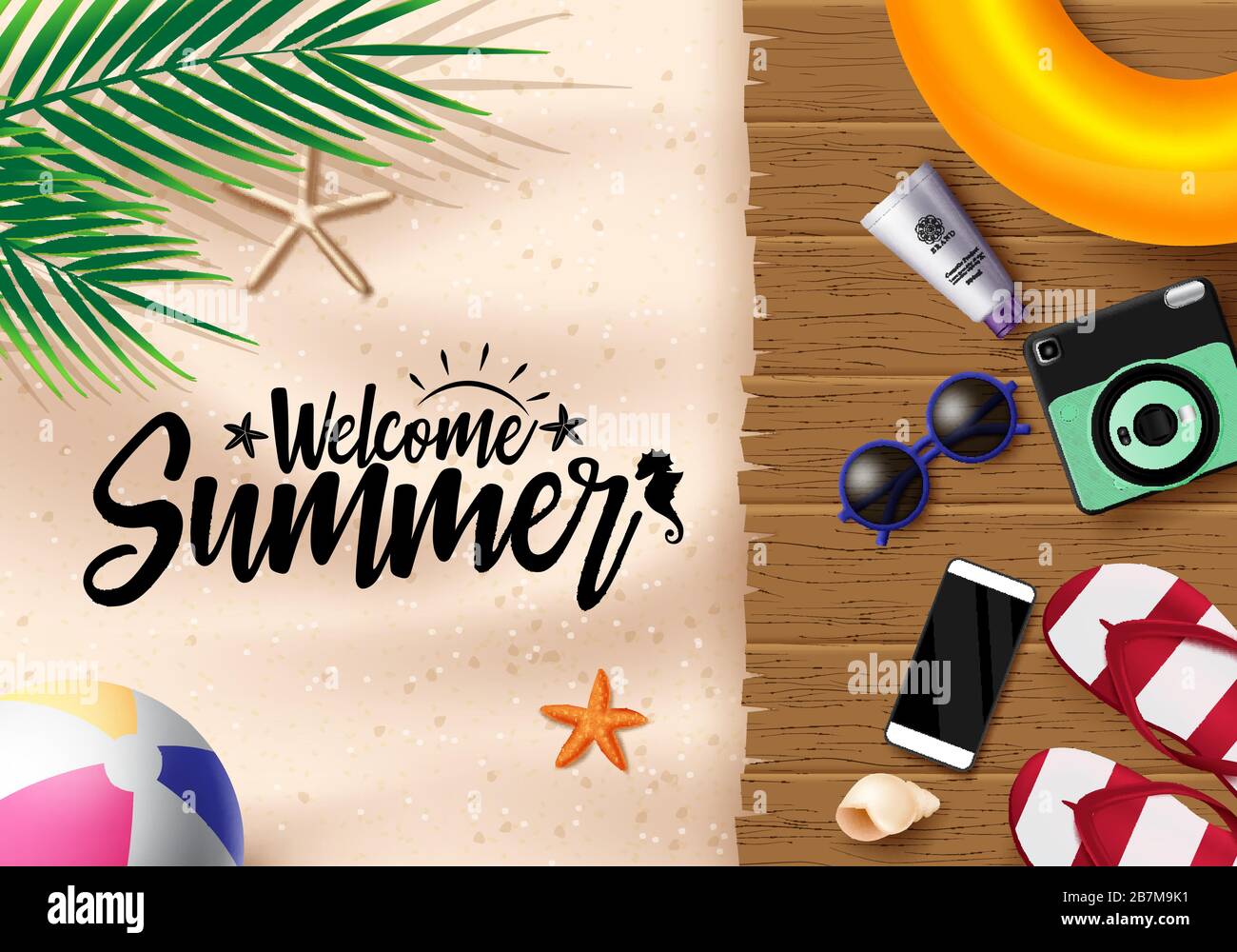 Welcome summer vector background design. Welcome summer text in sand ...