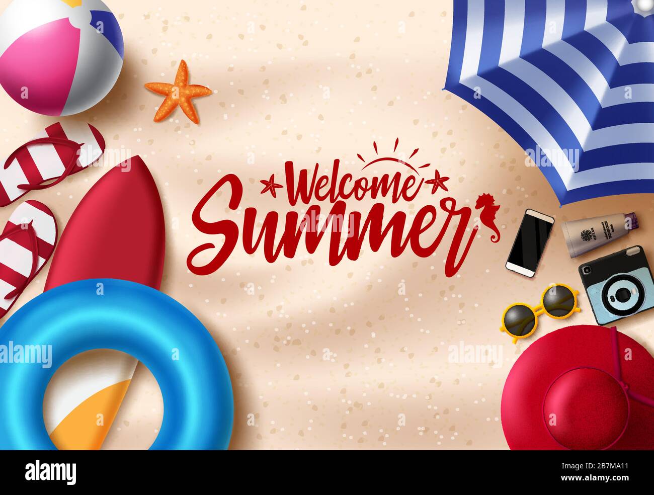 Welcome summer vector banner template. Welcome summer text with beach ...