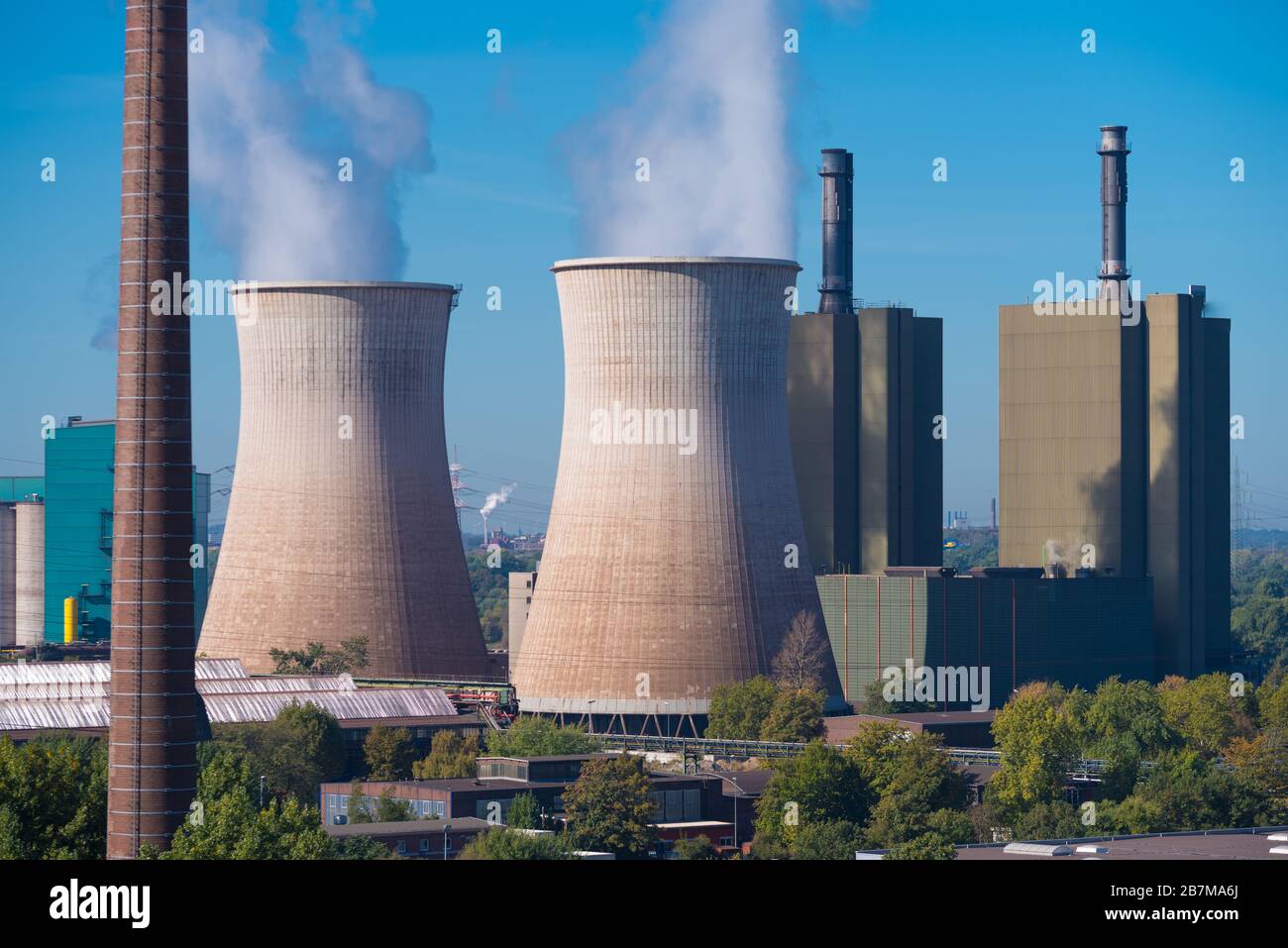 towers and chimneyw of a steel production plant in Duisburg, Germany ...