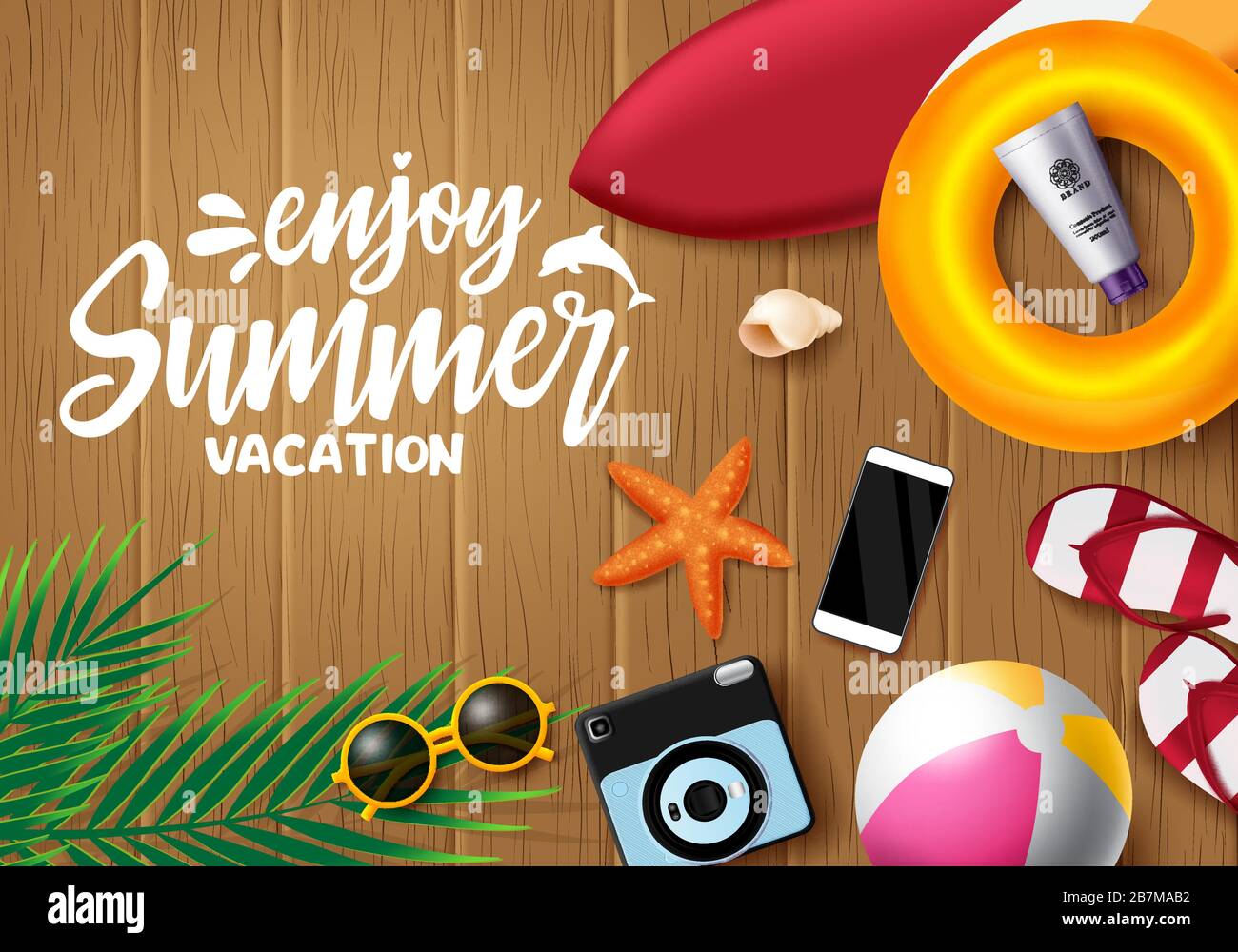 Enjoy summer vector banner design. Enjoy summer vacation text with beach element like floater ...