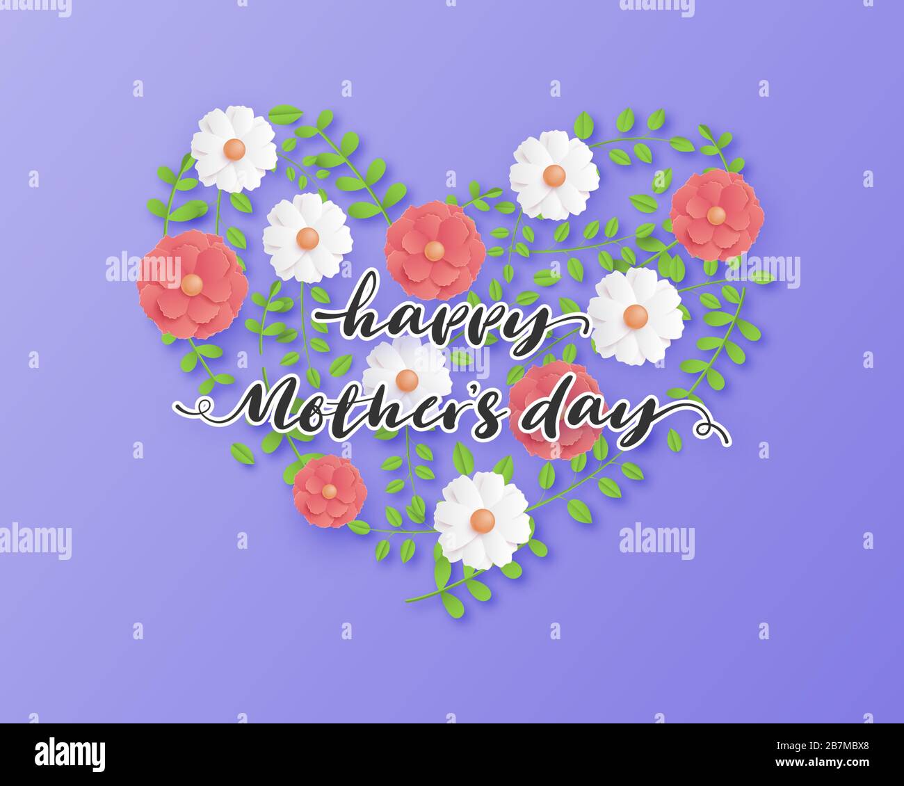Happy mother's day poster or banner with heart shape flower and leaf in ...