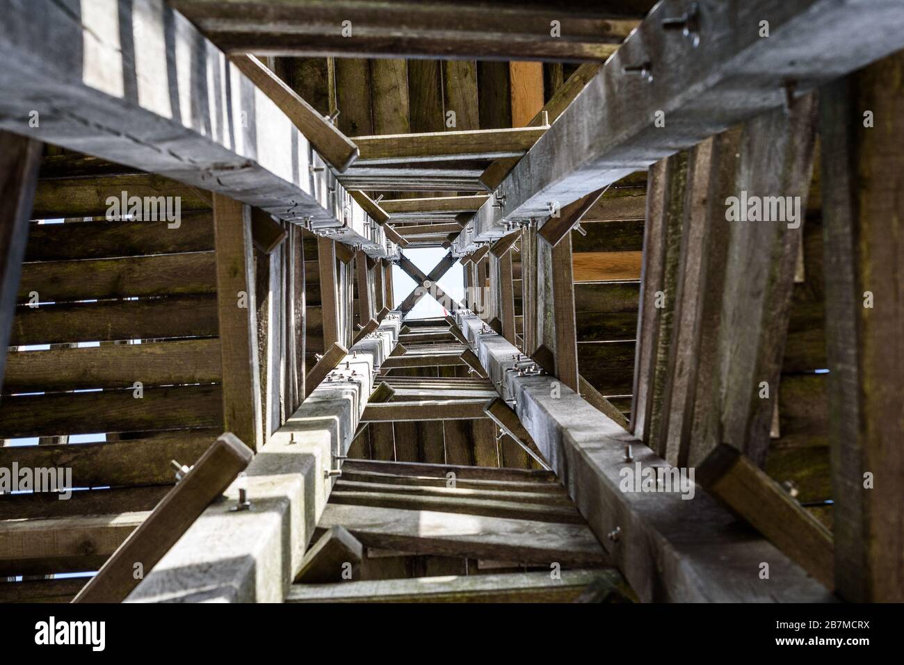 Wooden forest watchtower viewing tower construction close up. A shot ...