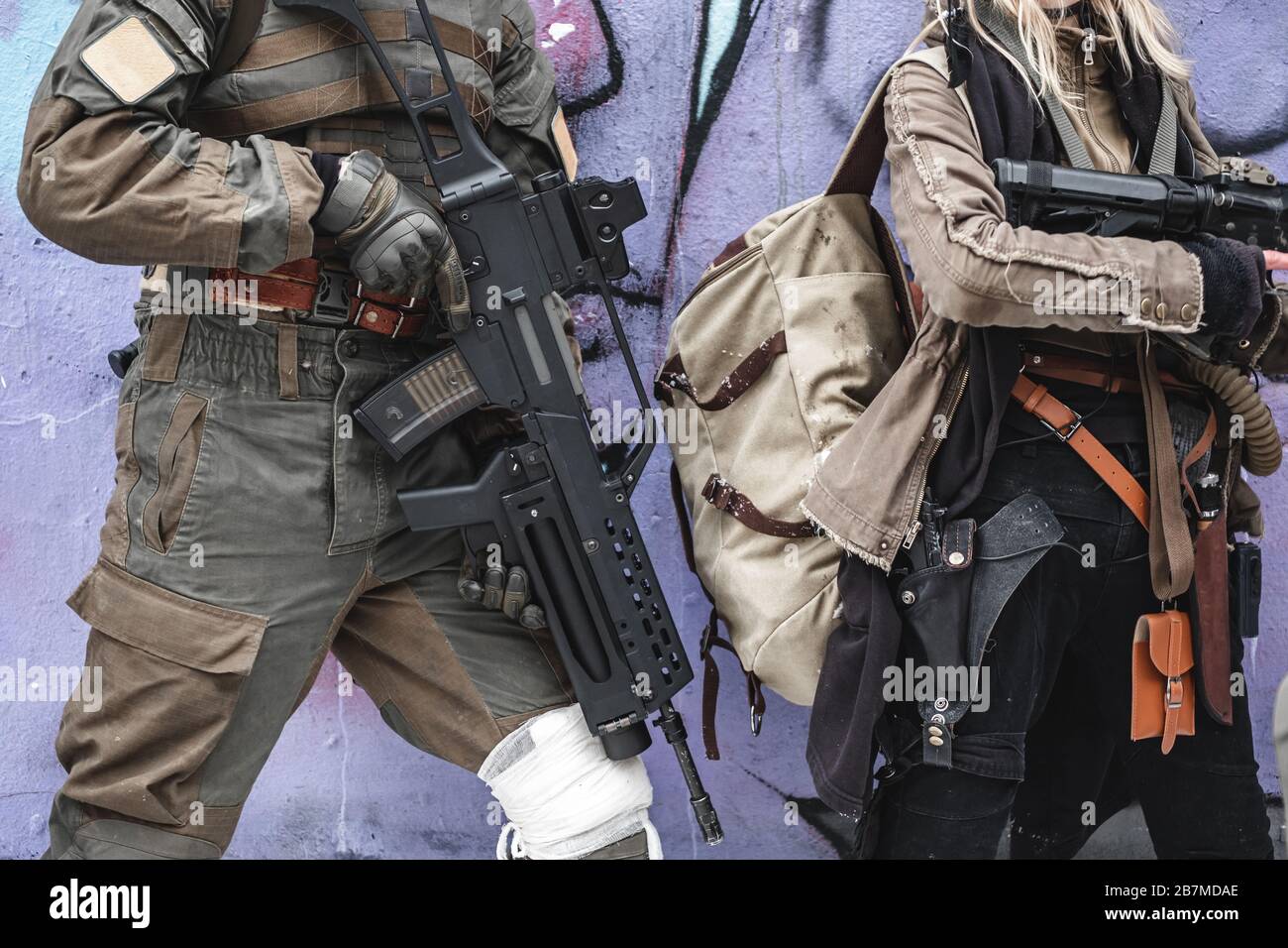 Military man wounded in the leg on a special operation. Close up Stock ...