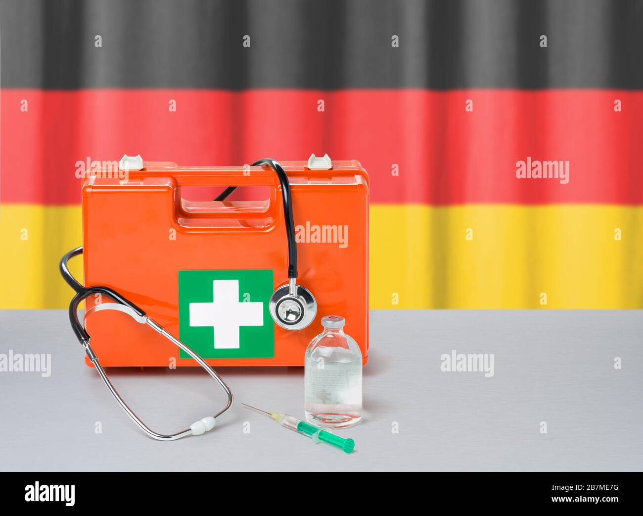 First aid kit with stethoscope and syringe - Germany Stock Photo - Alamy