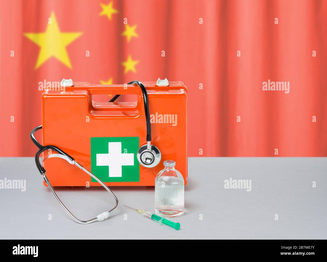 First aid kit with stethoscope and syringe - China Stock Photo - Alamy