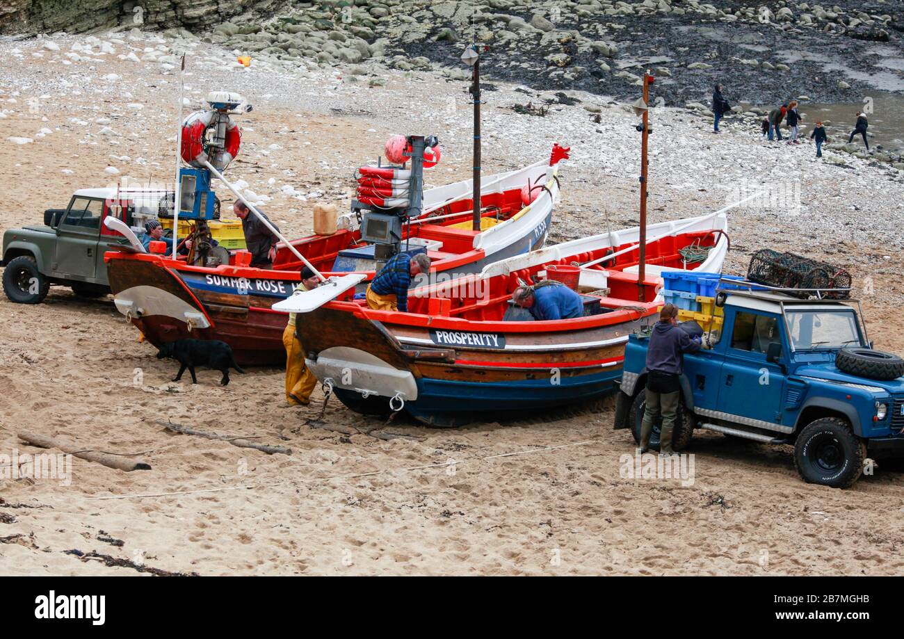 A pair of traditional Yorkshire cobble open fishing boats being ...