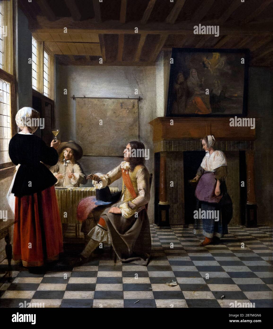 Interior, with a Woman drinking with Two Men, and a Maidservant, Pieter ...