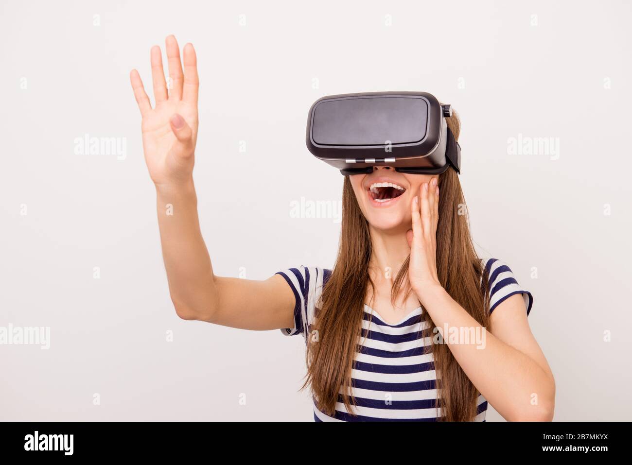 Close Up Portrait Of Amazed Happy Young Woman In 3d Goggles Trying To