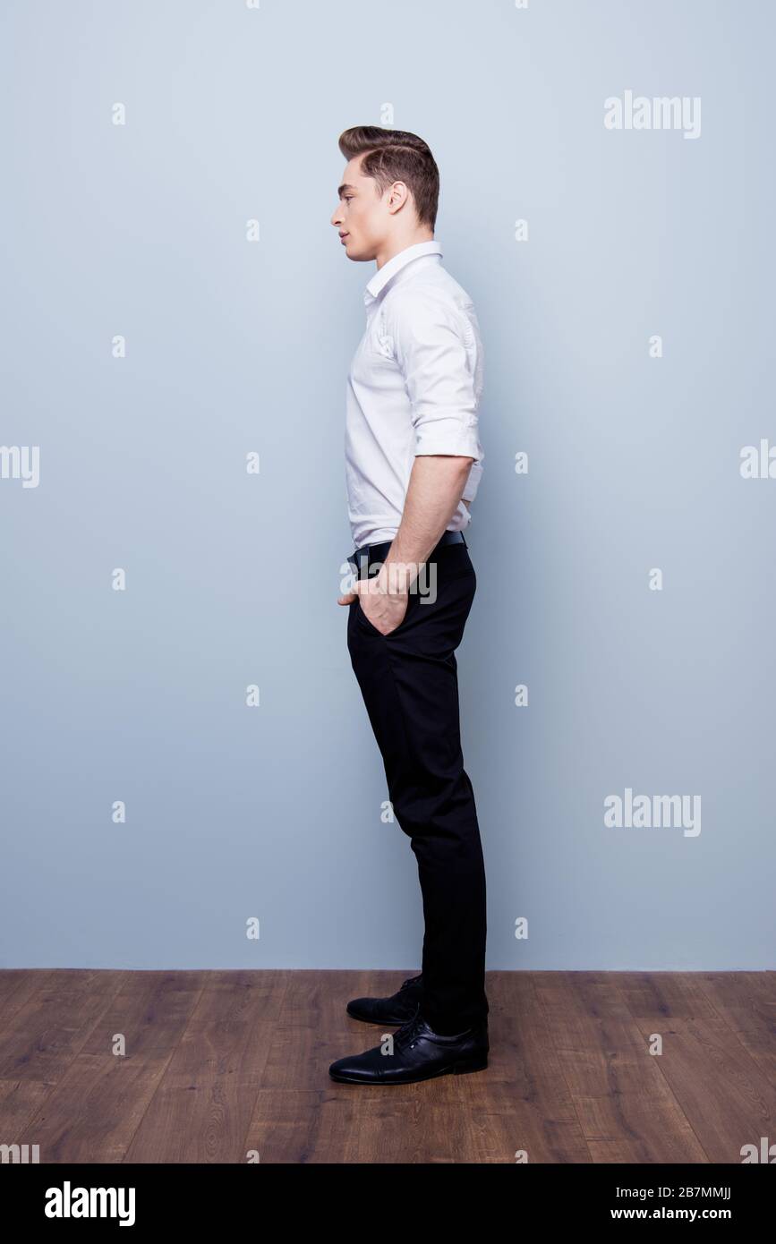 Side view full sized portrait of handsome guy with perfect hairstyle on ...