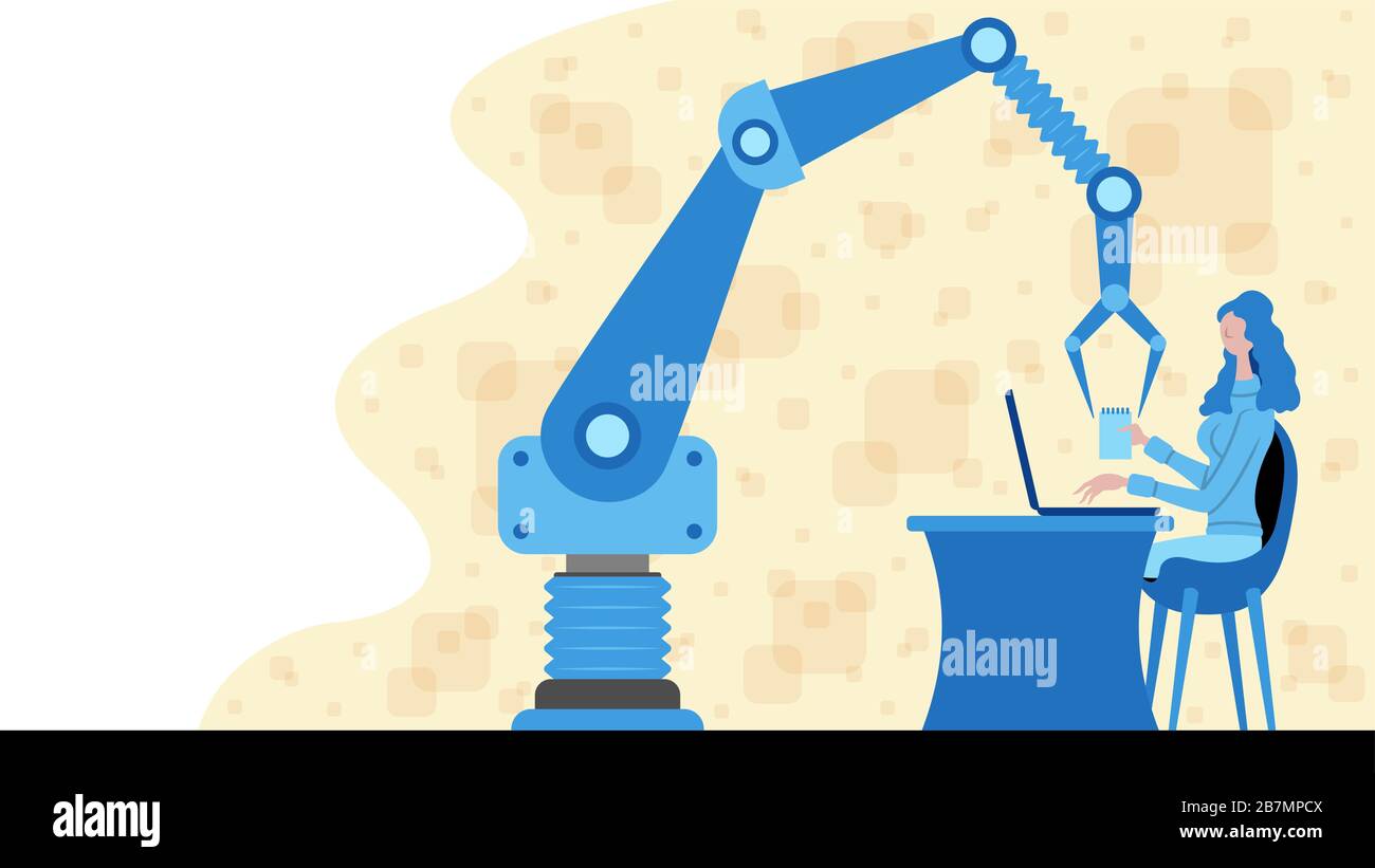 Business woman working for automation with a robotic arm icon. All the ...