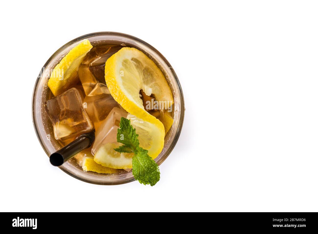 Iced tea drink in glass isolated on white background. Top view. Copy ...