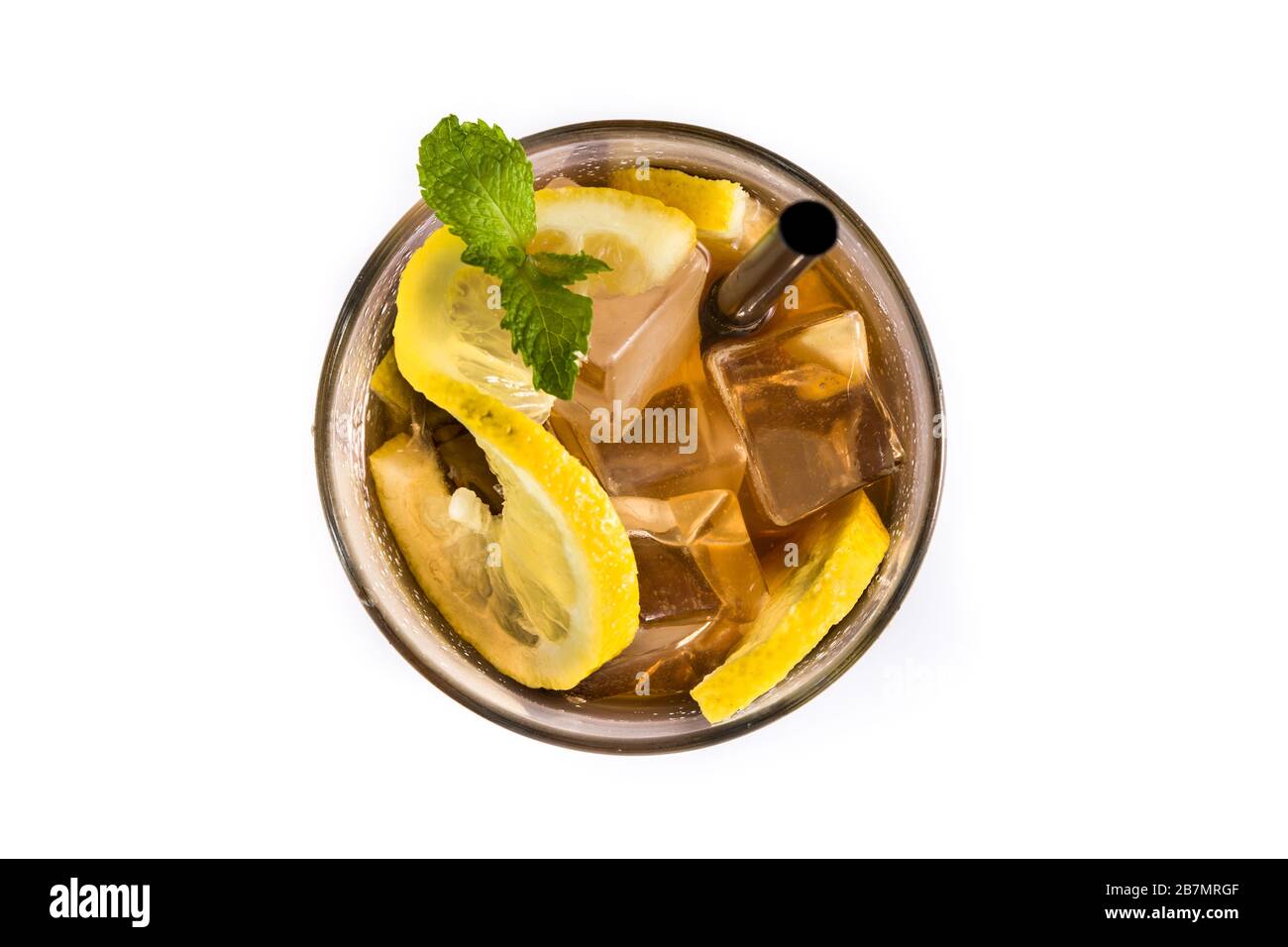 Iced tea drink in glass isolated on white background. Top view Stock ...