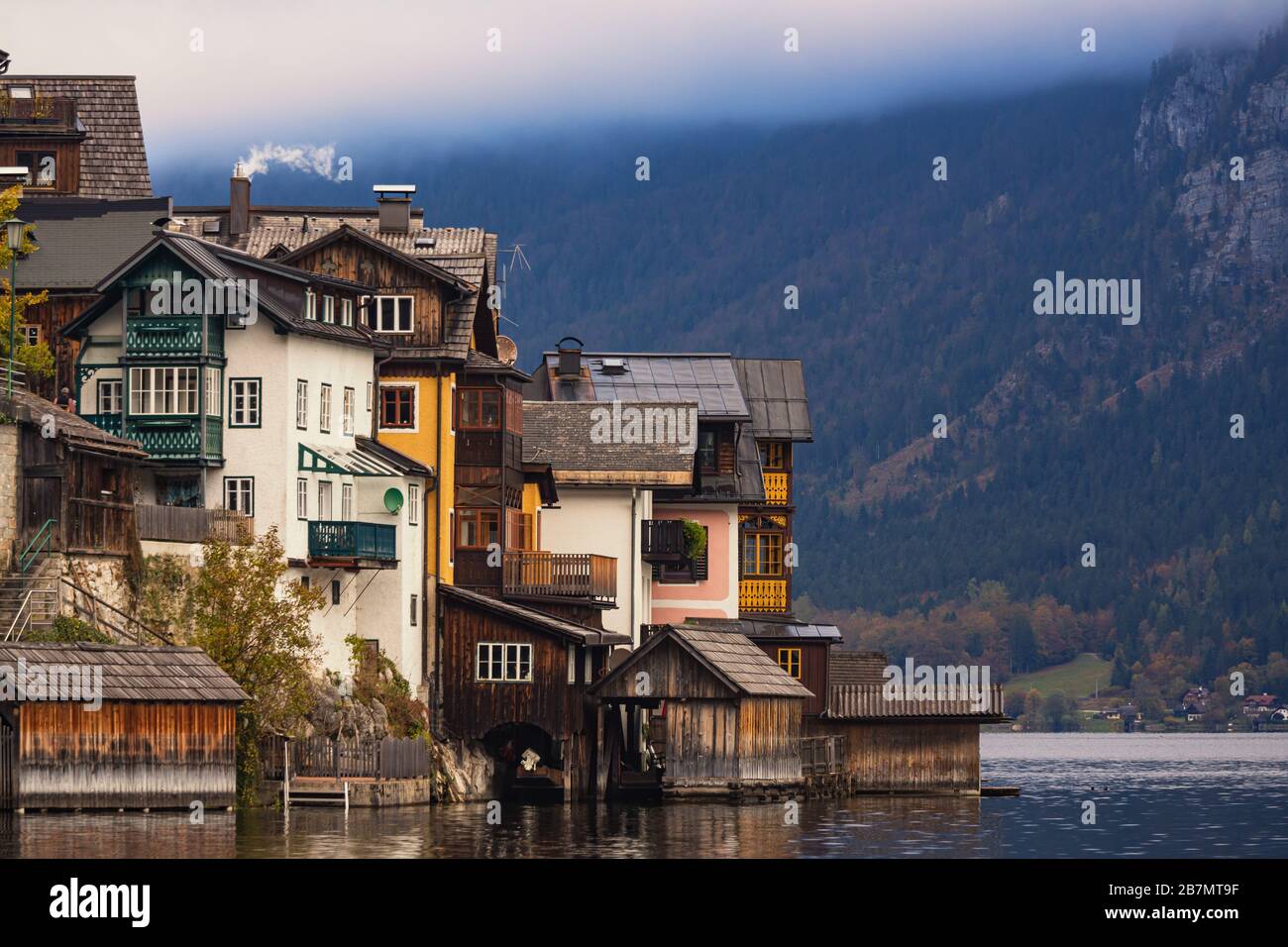 View of the lake and the city of Hallstatt in fall season Stock Photo ...