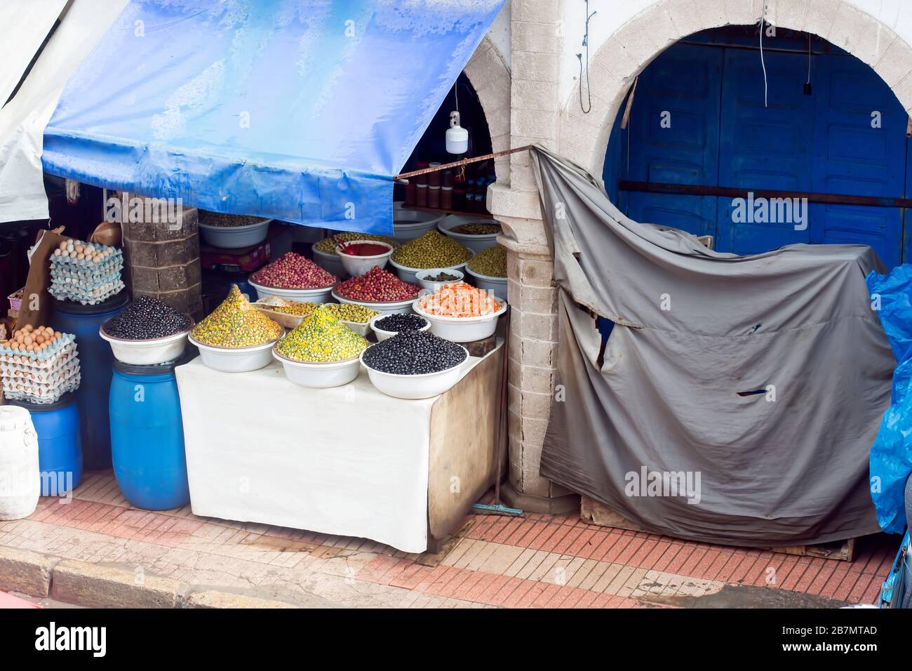 Food display with olives and eggs, medina, Essaouira, Morocco Stock ...