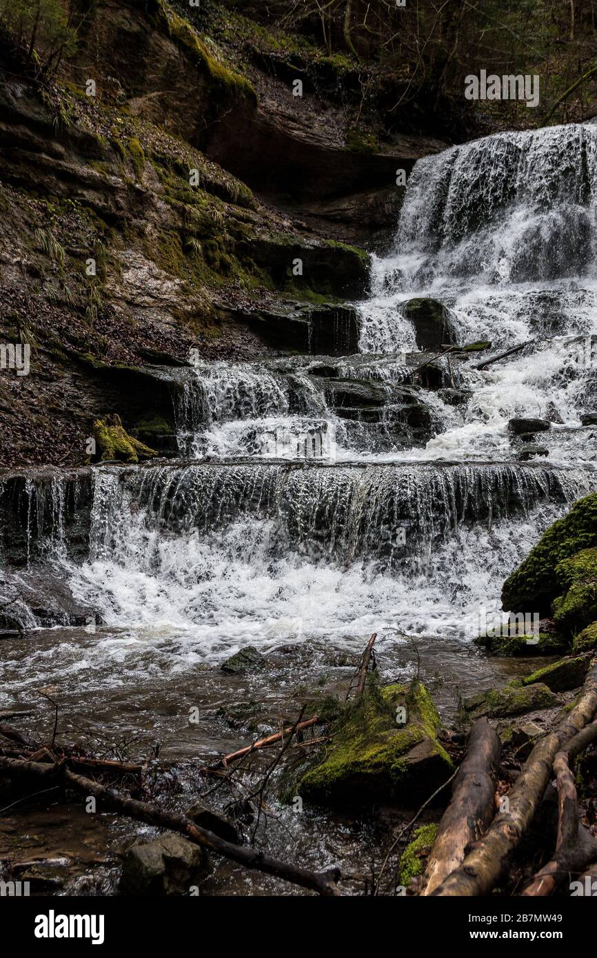 Little waterfall down the canyon in the middle of the green forest ...