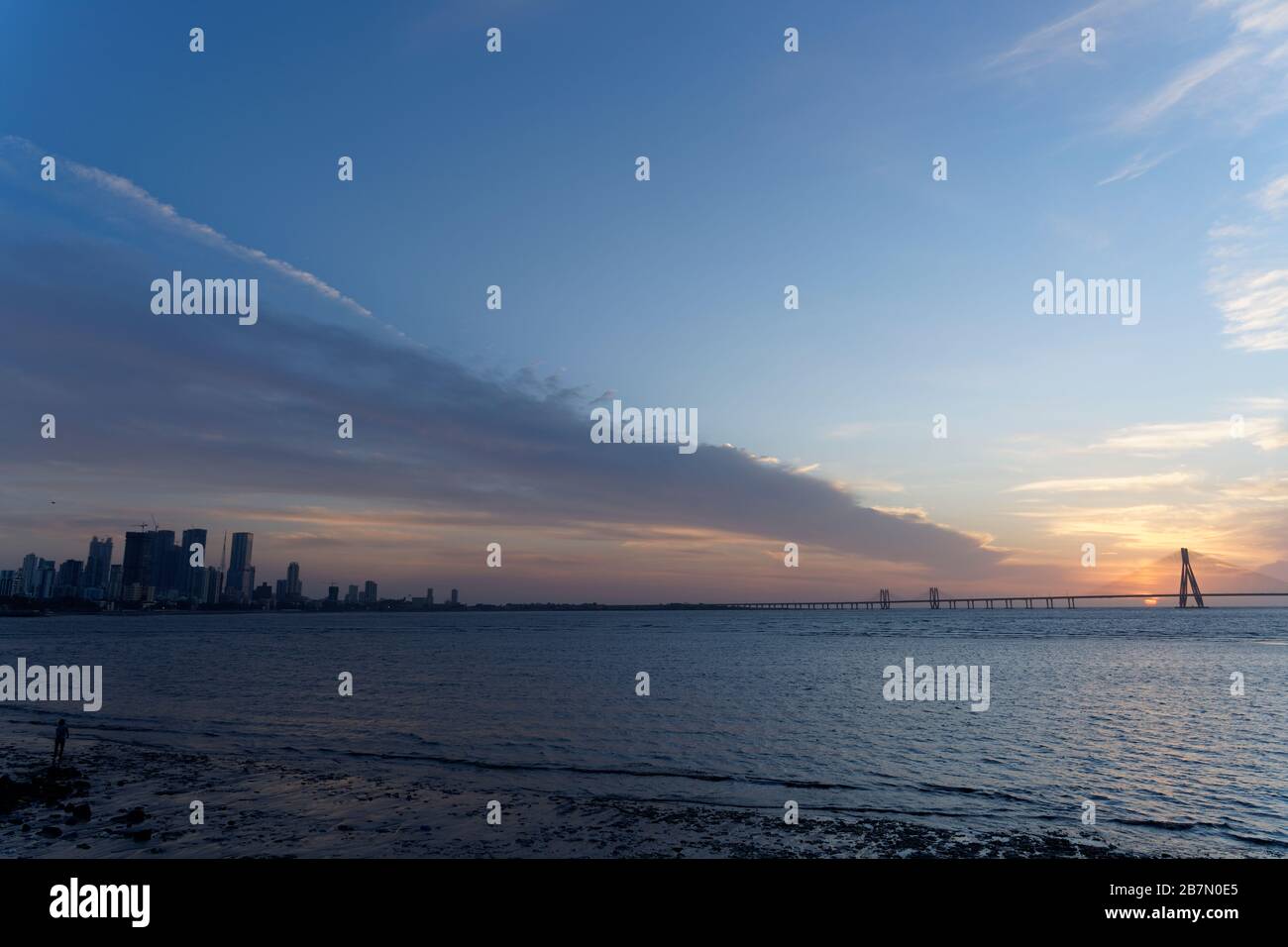 Bandra Worli sea link with Mumbai skyline, at Sunset, Mumbai ...