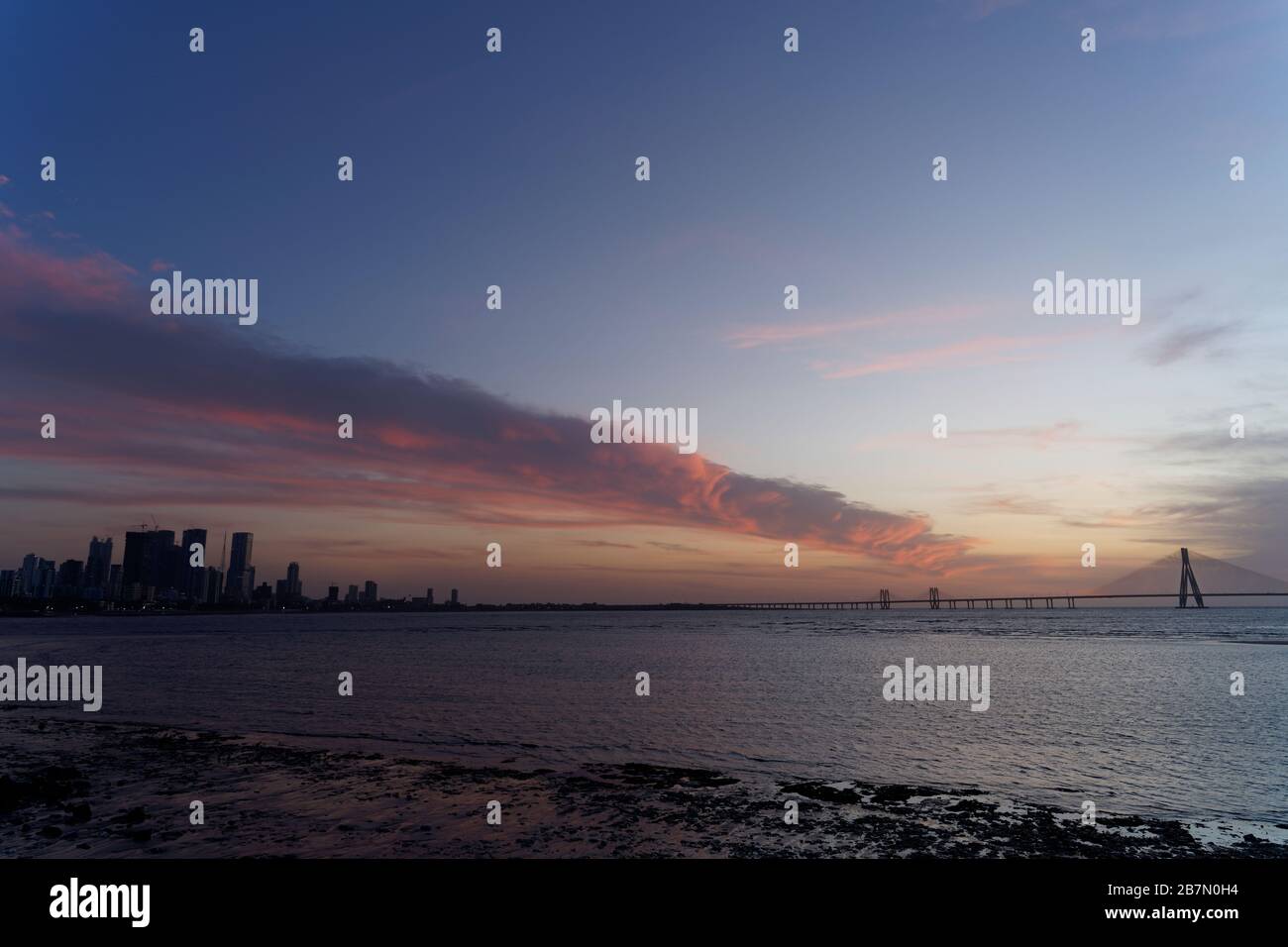 Bandra Worli sea link with Mumbai skyline, at Sunset, Mumbai ...