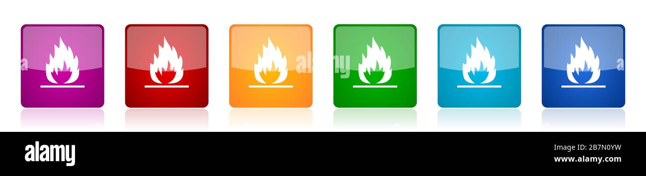 Flame icon set, colorful square glossy vector illustrations in 6 ...