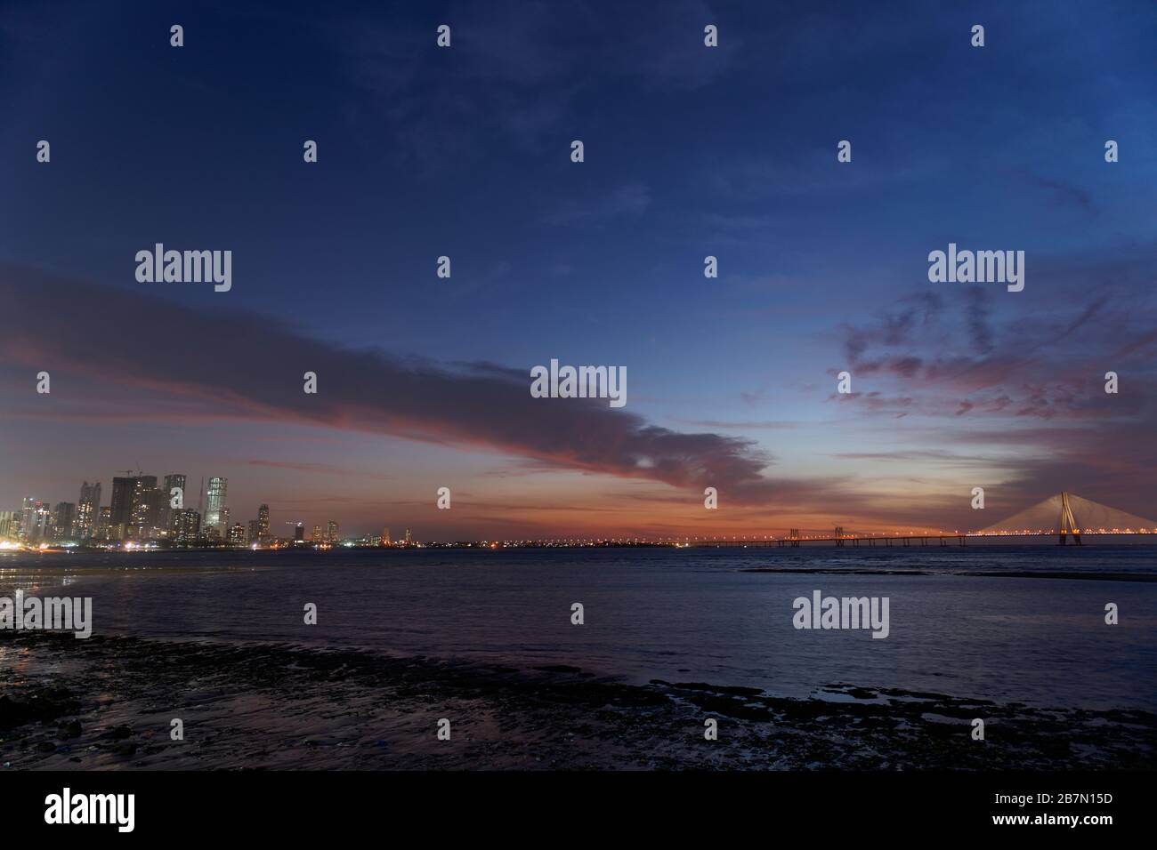Bandra Worli sea link with Mumbai skyline, at Sunset, Mumbai ...