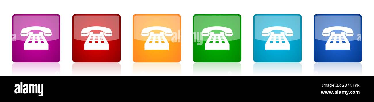 Phone icon set, colorful square glossy vector illustrations in 6 ...