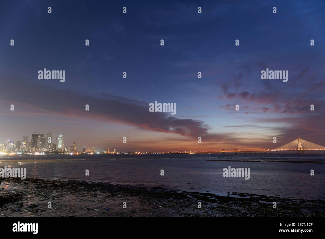 Bandra Worli sea link with Mumbai skyline, at Sunset, Mumbai ...