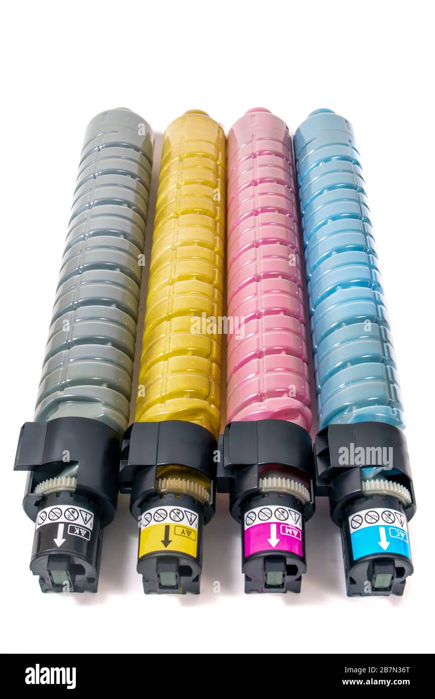 cartridges for laser printers aligned on a white background Stock Photo ...
