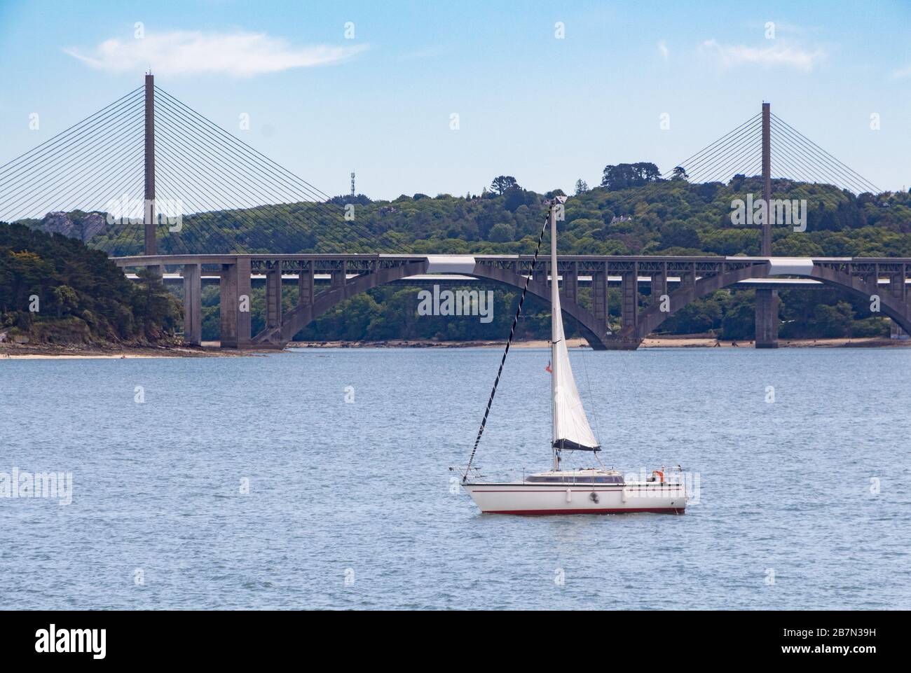 Sailboat near Iroise bridge in Brest Stock Photo - Alamy