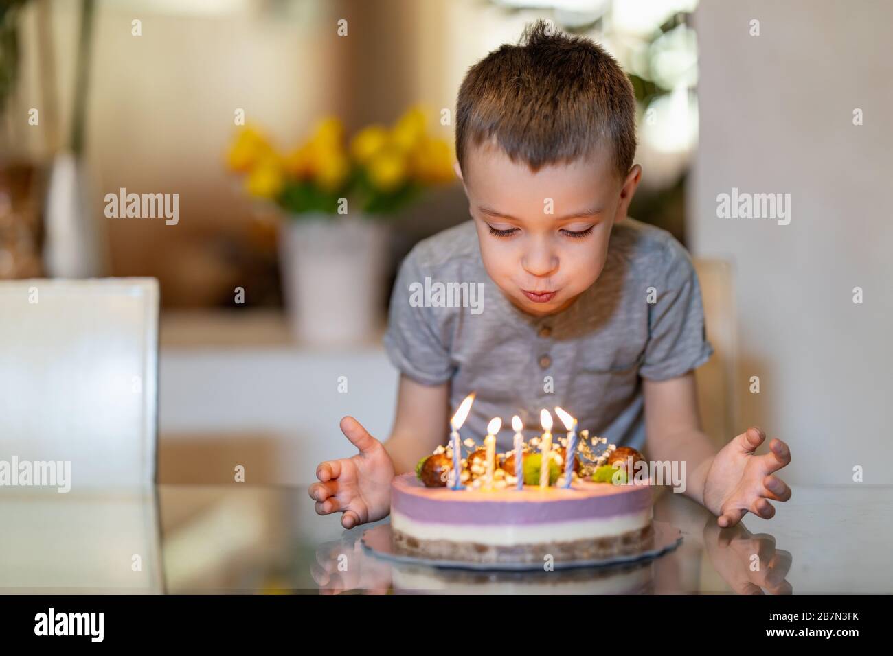 Cute little boy celebrating his birthday at home.Kids birthday party ...