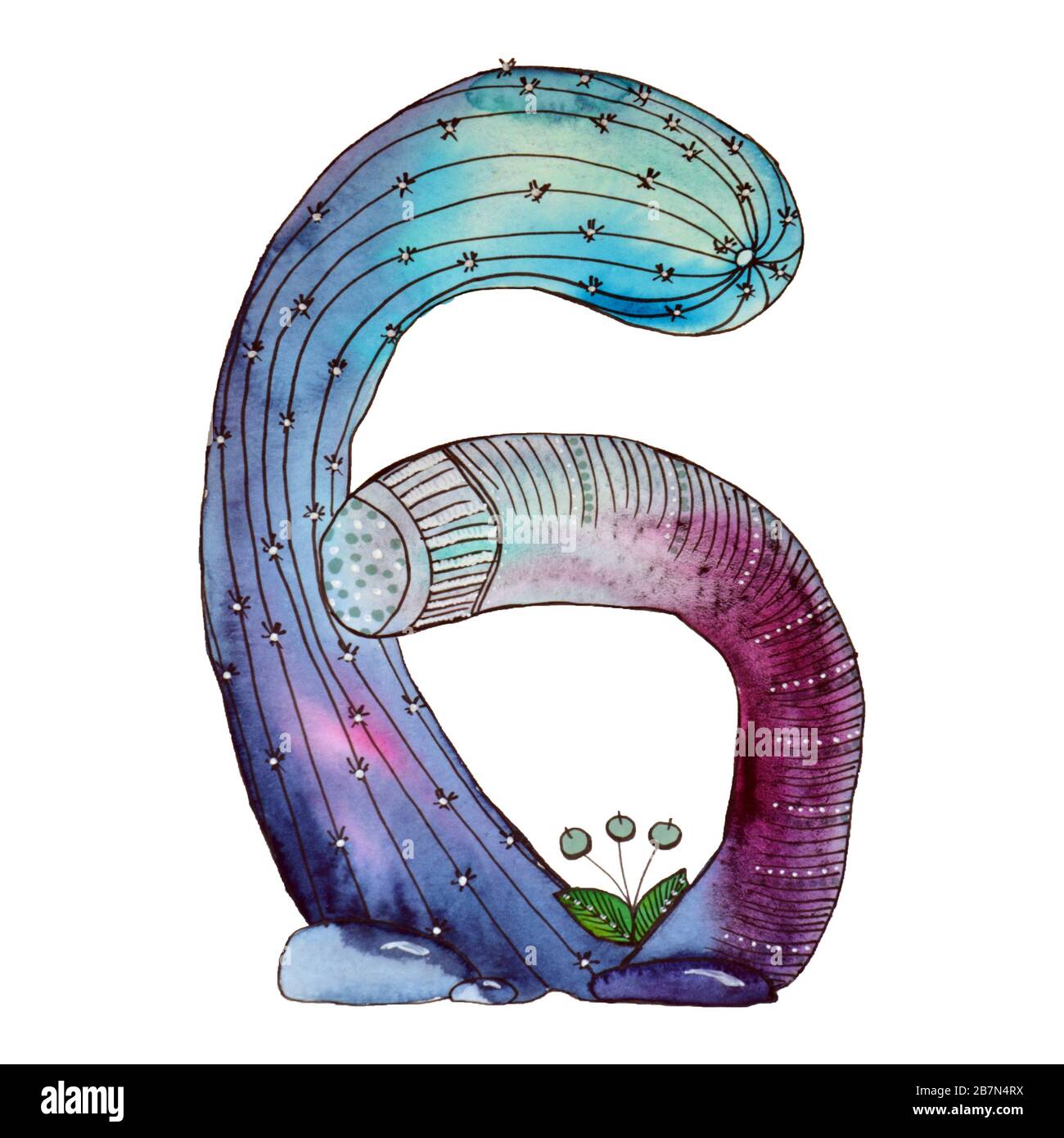 Cactus fantasy watercolor illustration of number six Stock Photo - Alamy