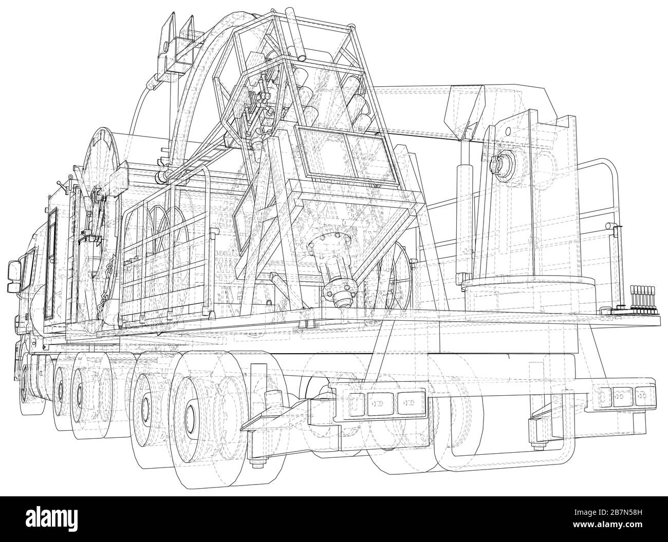 Wire-frame line coiled tubing truck isolated on white. Vector rendering ...
