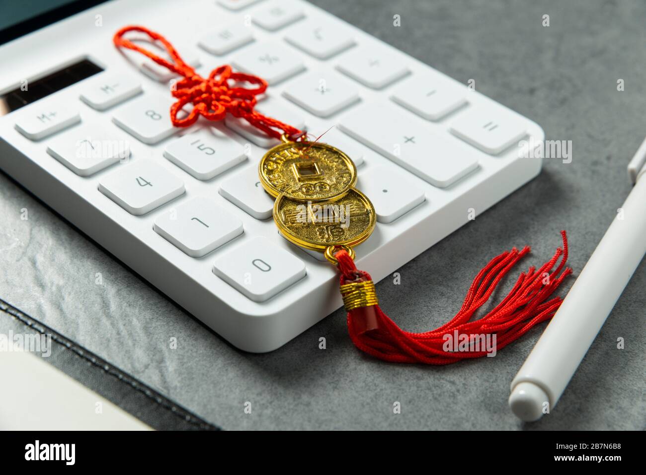 A calculator on the table.The Chinese meaning is: financial resources ...