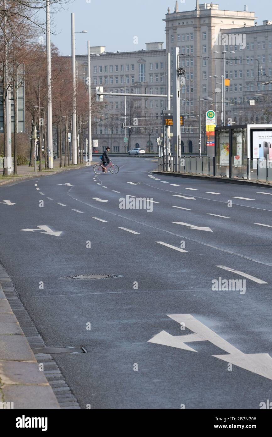 Leipzig, Germany. 17th Mar, 2020. View of the almost deserted and car ...