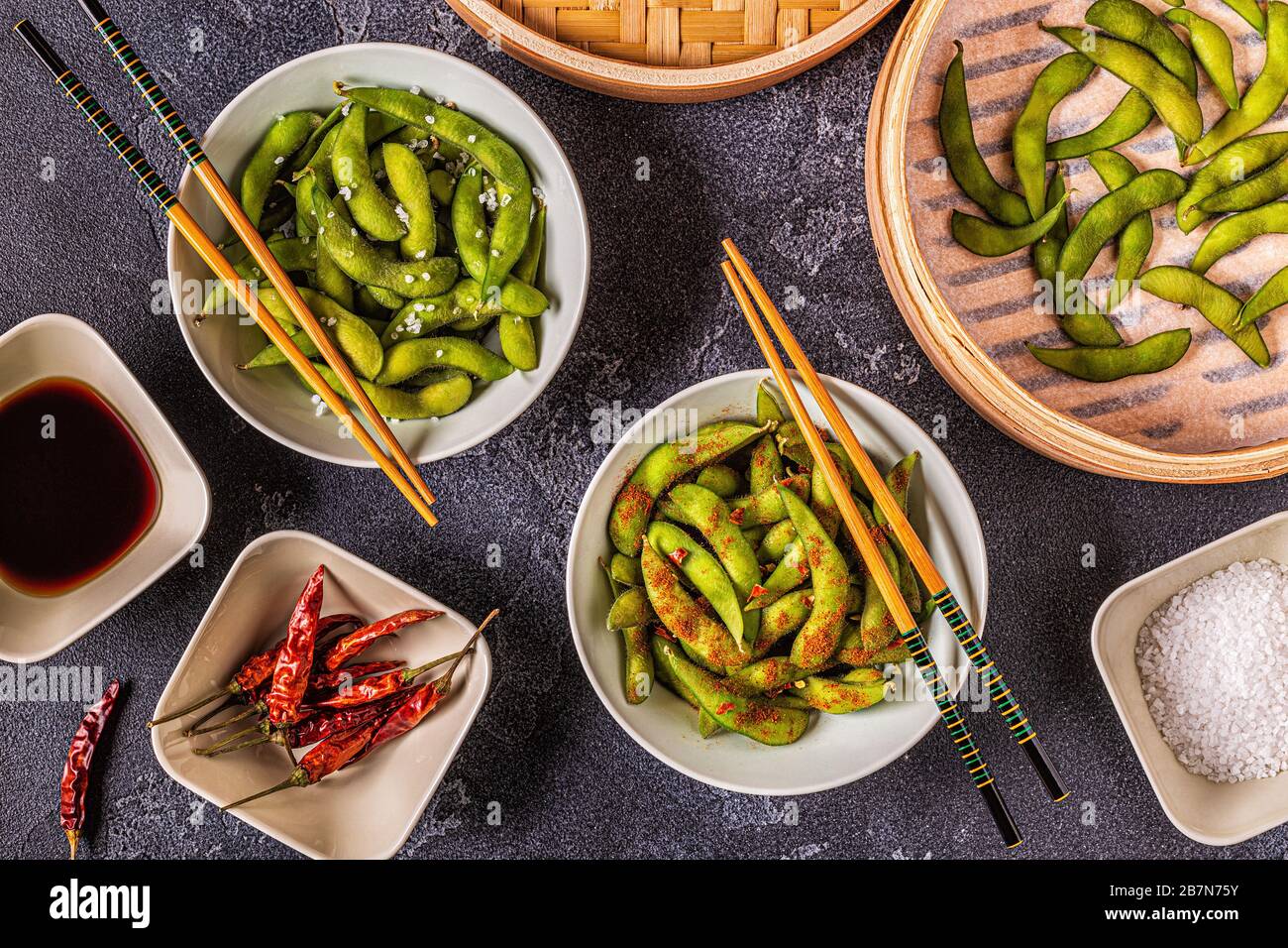 Cooked green edamame, japanese food. Top view Stock Photo - Alamy