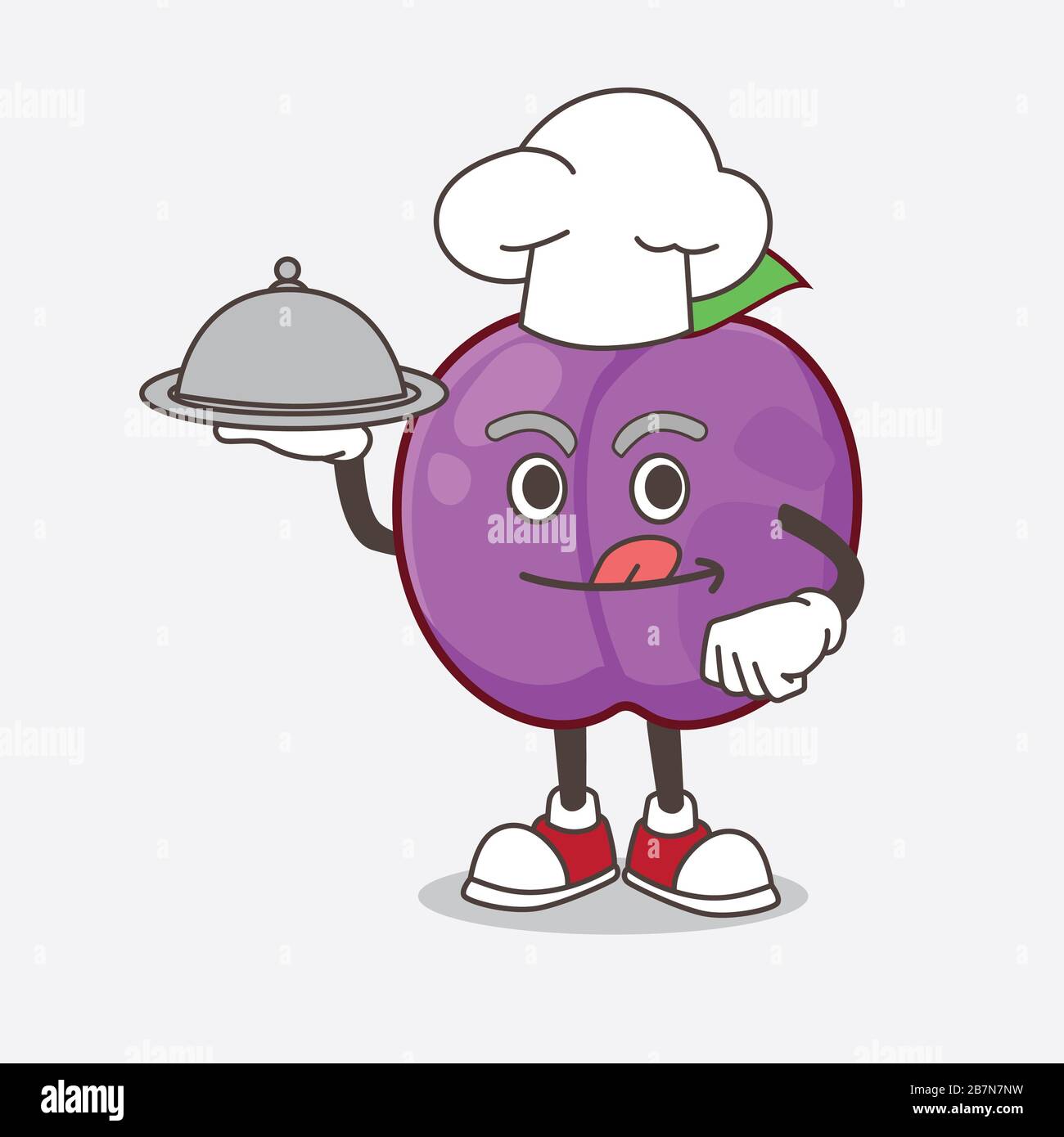 A picture of Plum Fruit cartoon mascot character as a Chef with food on ...