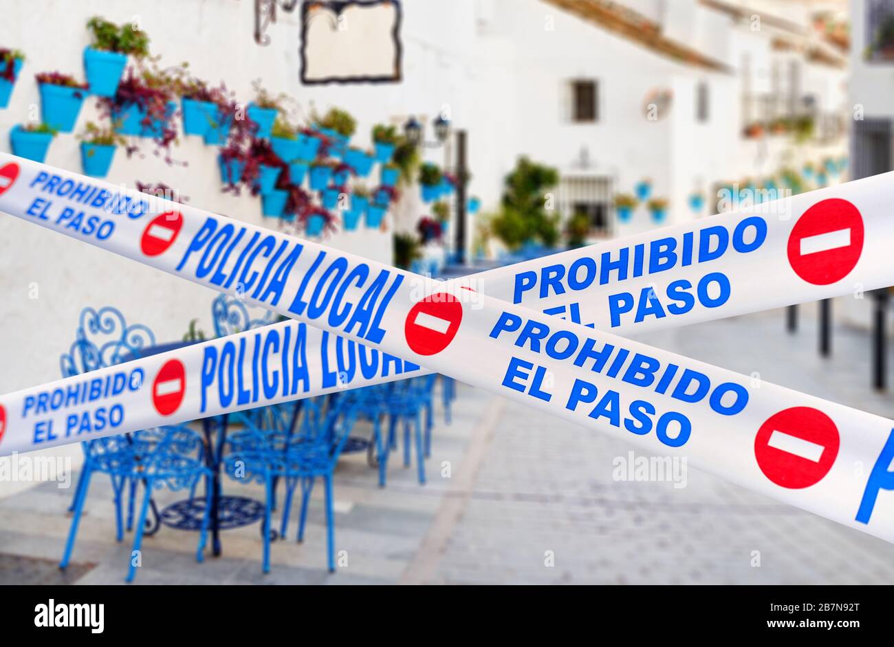 Mijas quarantined street. Public places closed caused by pandemic ...